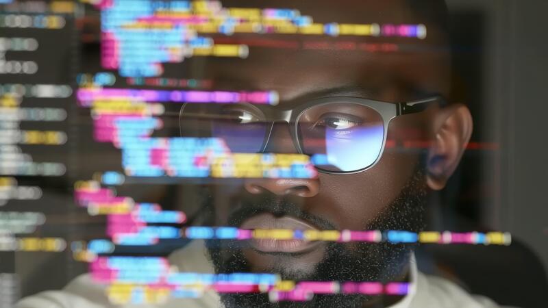 Focused Programmer Analyzing Source Code On Screen Reflecting In Glasses Representing Coding