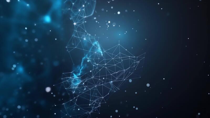 Abstract digital network connections with glowing blue lines and nodes on a dark background ...