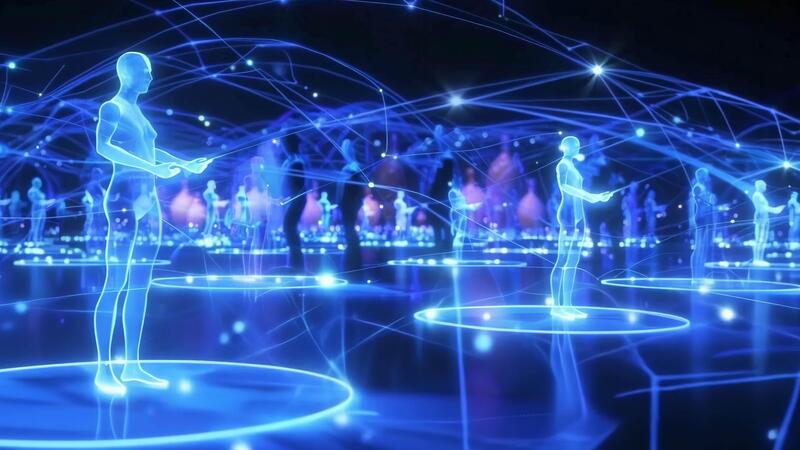 Futuristic digital network with holographic human figures, representing connectivity and ...