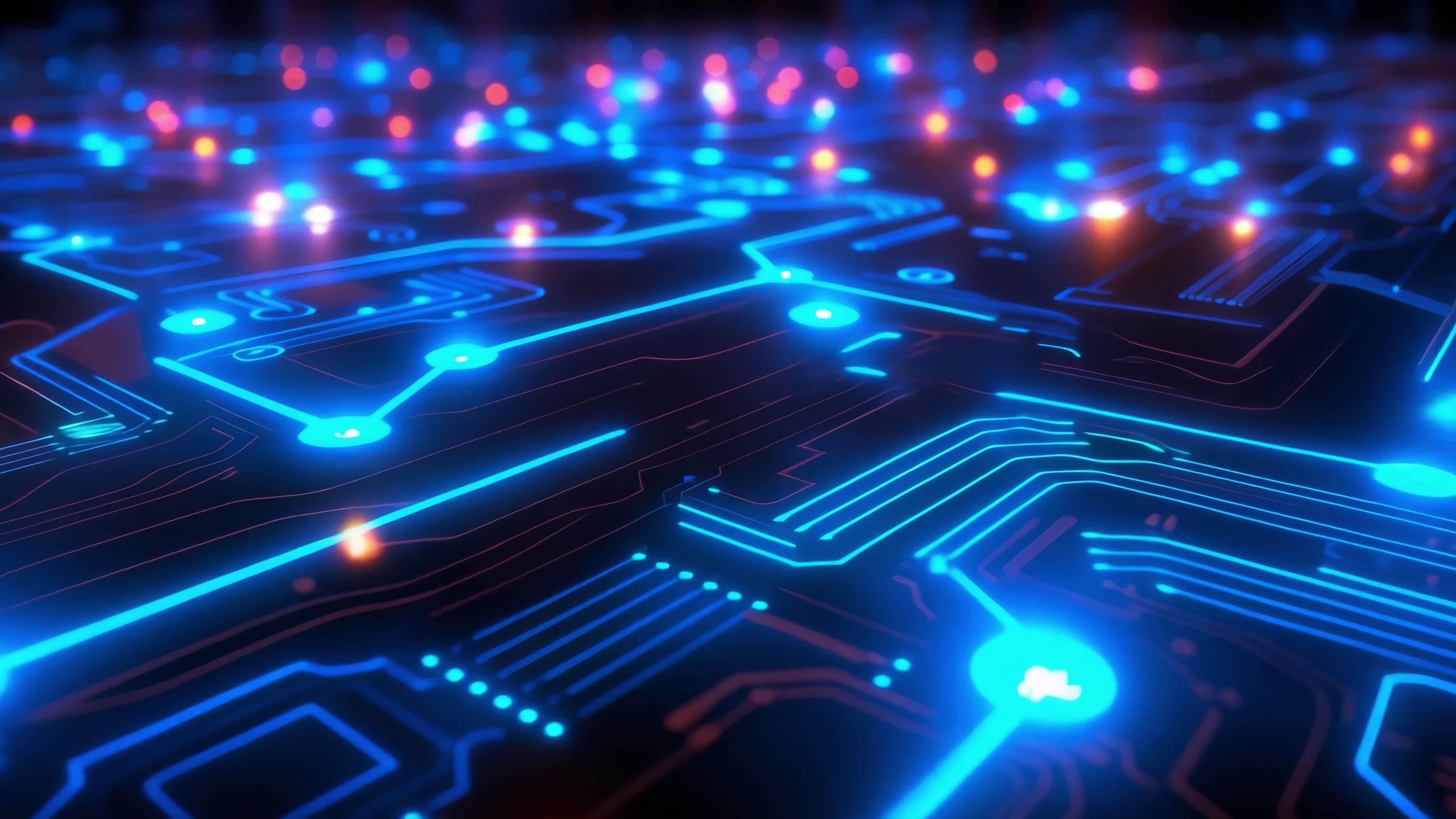 Futuristic digital circuit board with glowing blue and orange lights ...