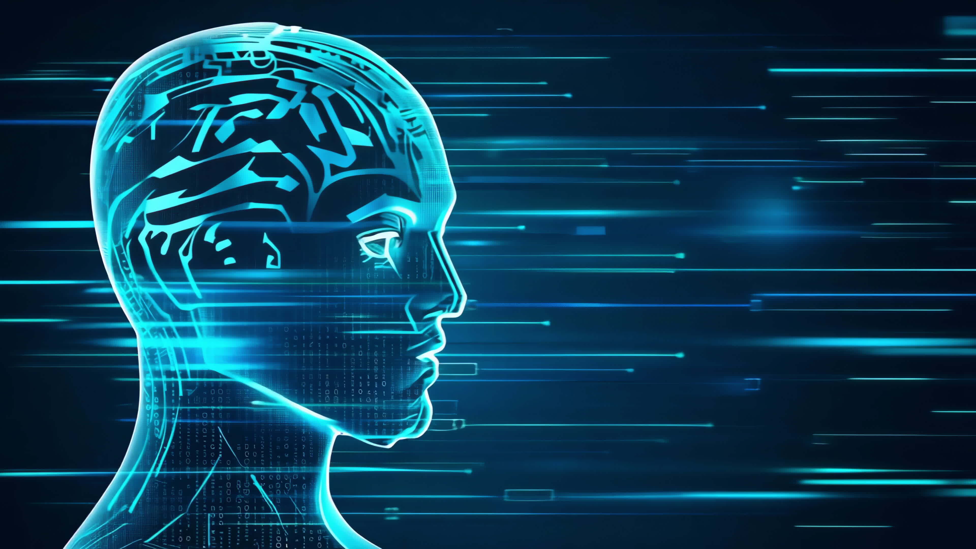 Abstract digital illustration of futuristic human-like head with binary ...