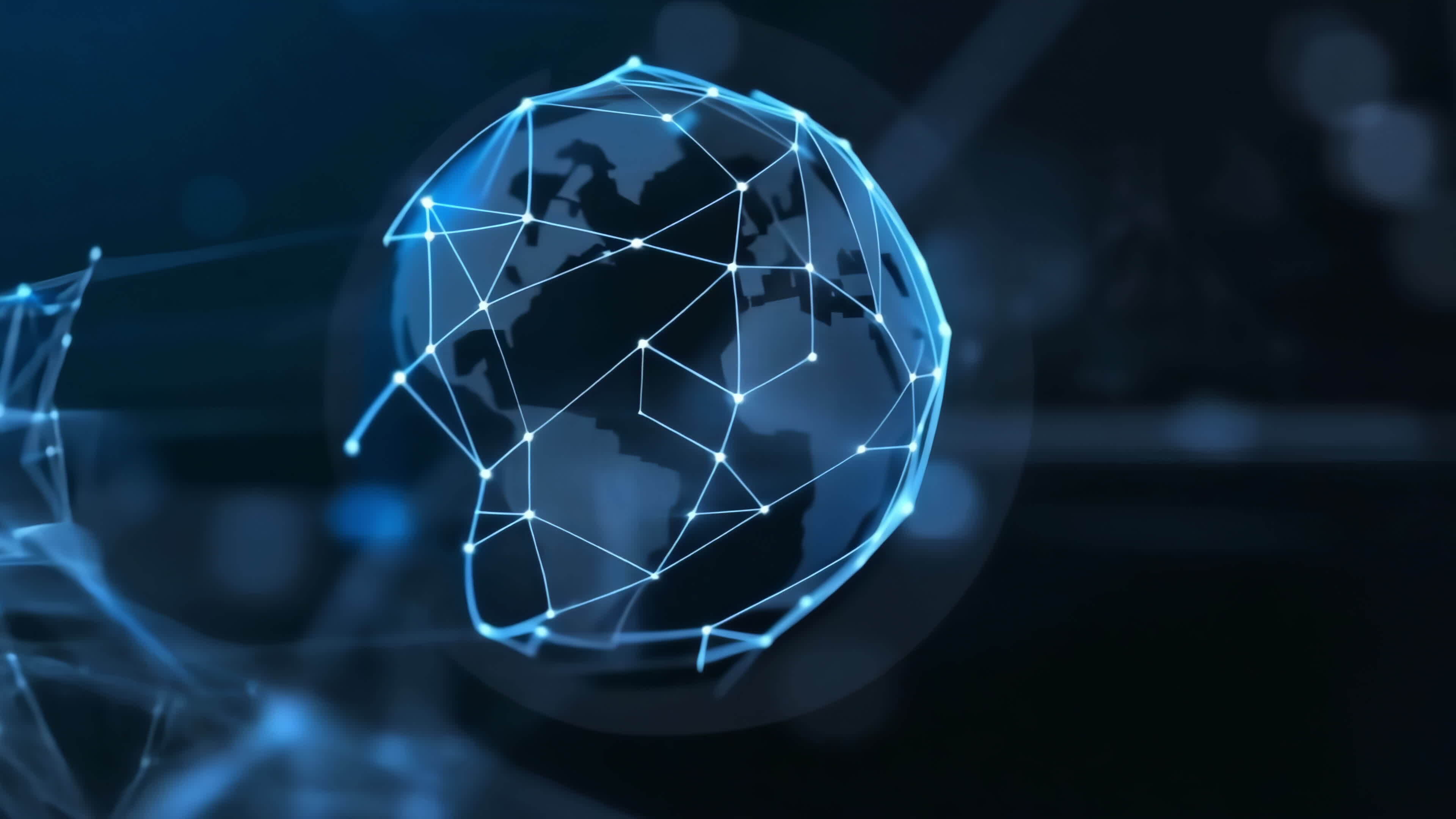 Abstract Digital Network Connection Black Background With Blue Glowing Lines And Nodes