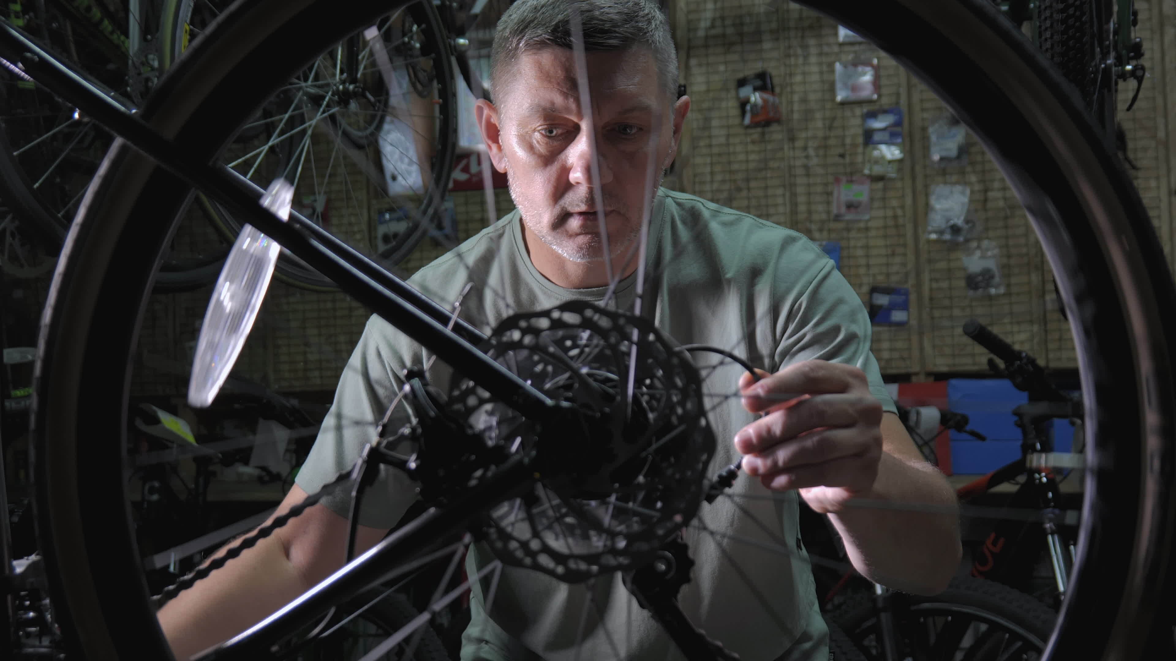 Bike mechanic man repairs bicycle in bicycle repair shop. Bike maintenance, sport shop concept ...