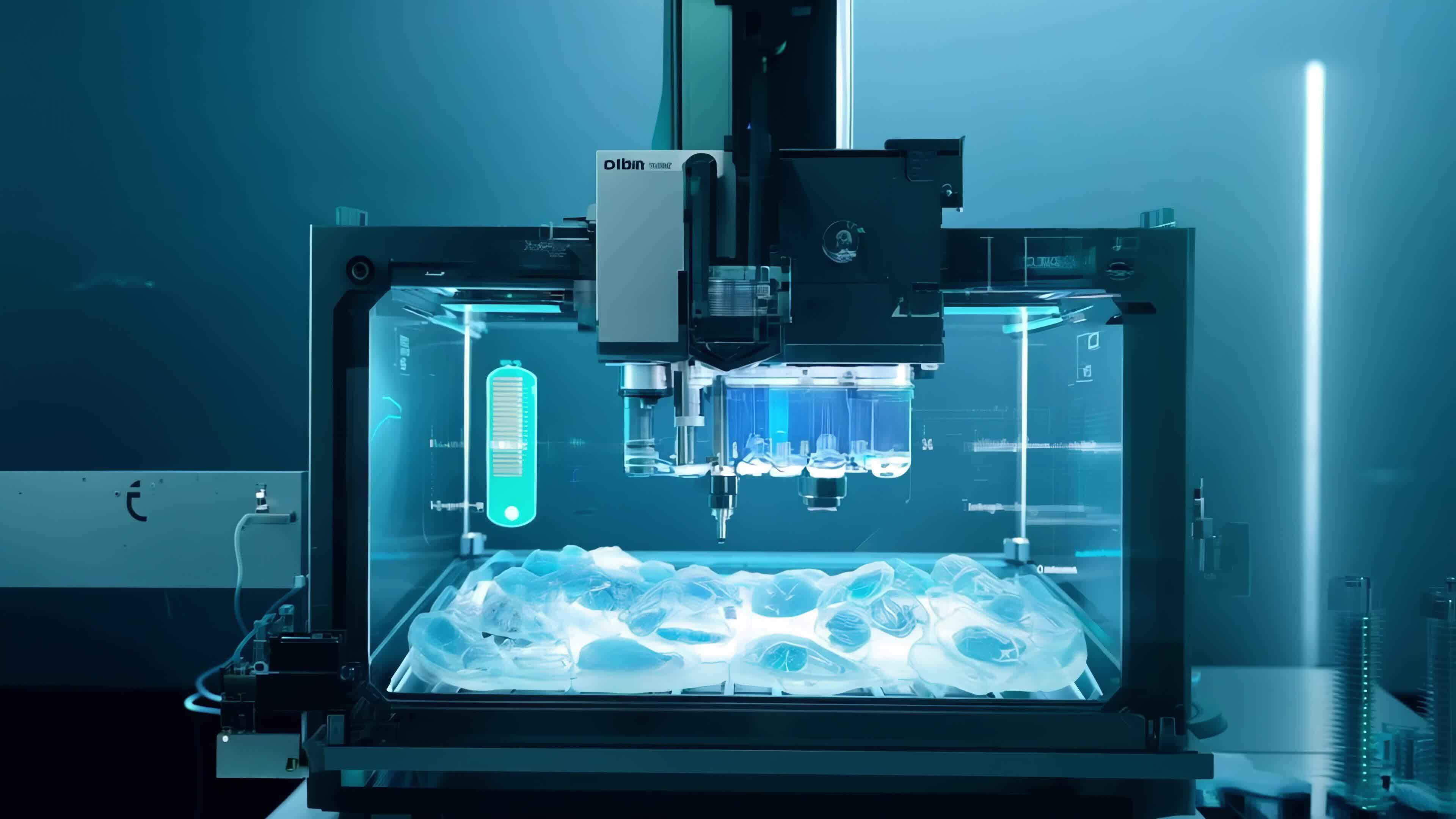 A futuristic 3D bioprinter precisely depositing layers of living cells to create human tissues ...