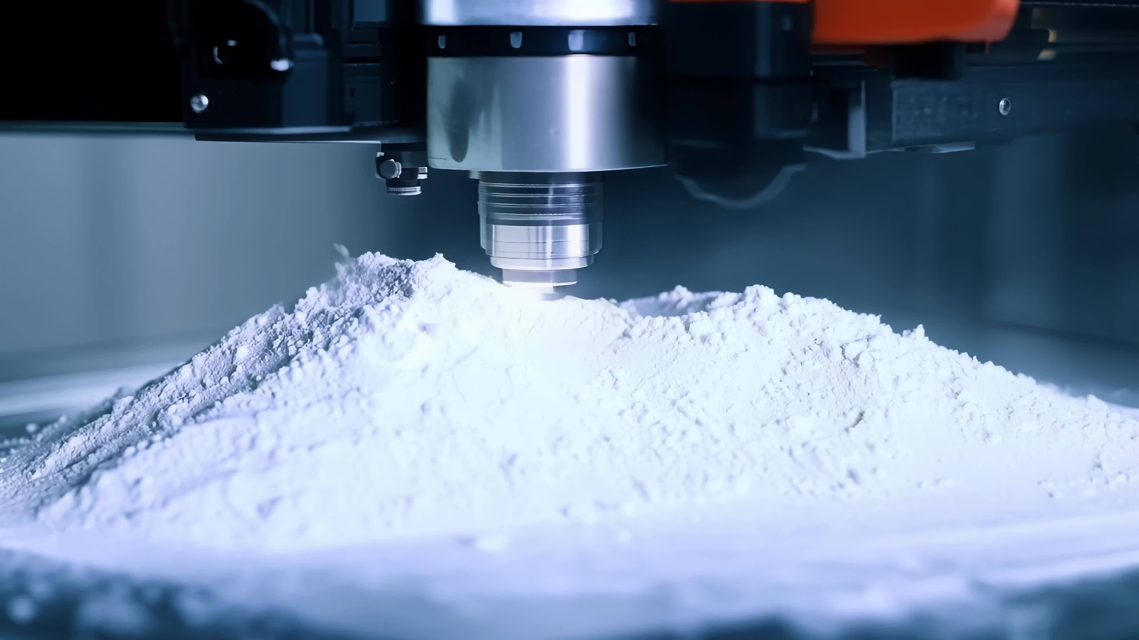 Macro footage of a powderbased 3D printer creating a solid object by fusing layers of powdered ...