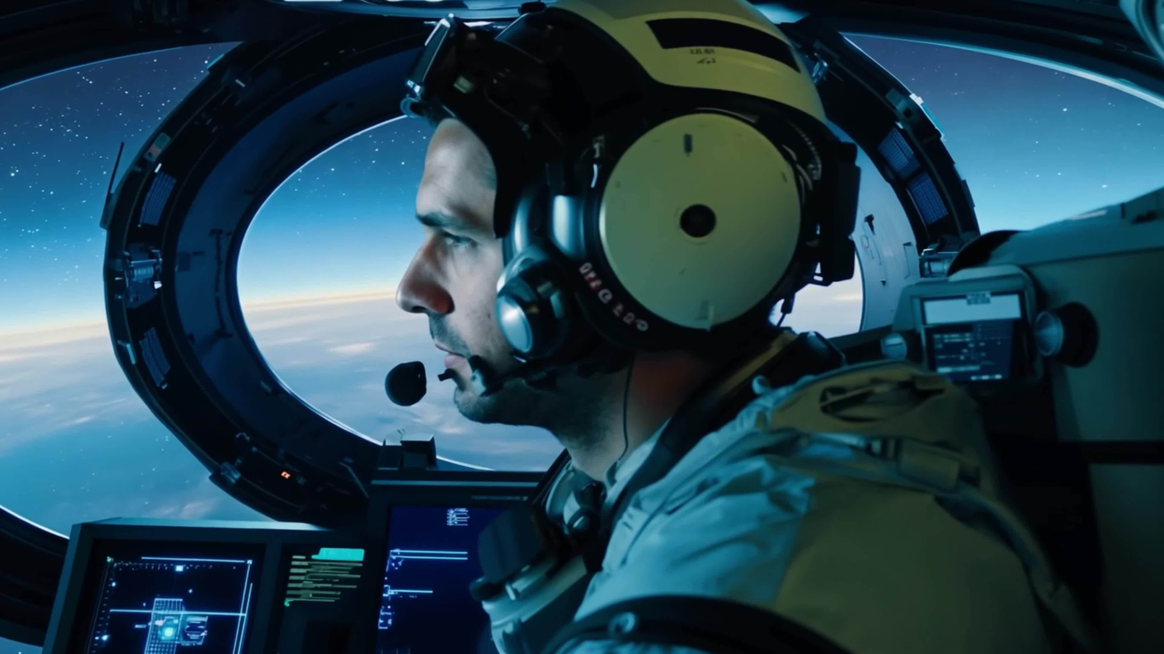 Astronaut piloting a spaceship Cockpit view in a spaceship, pilot ready to fly amidst vibrant ...