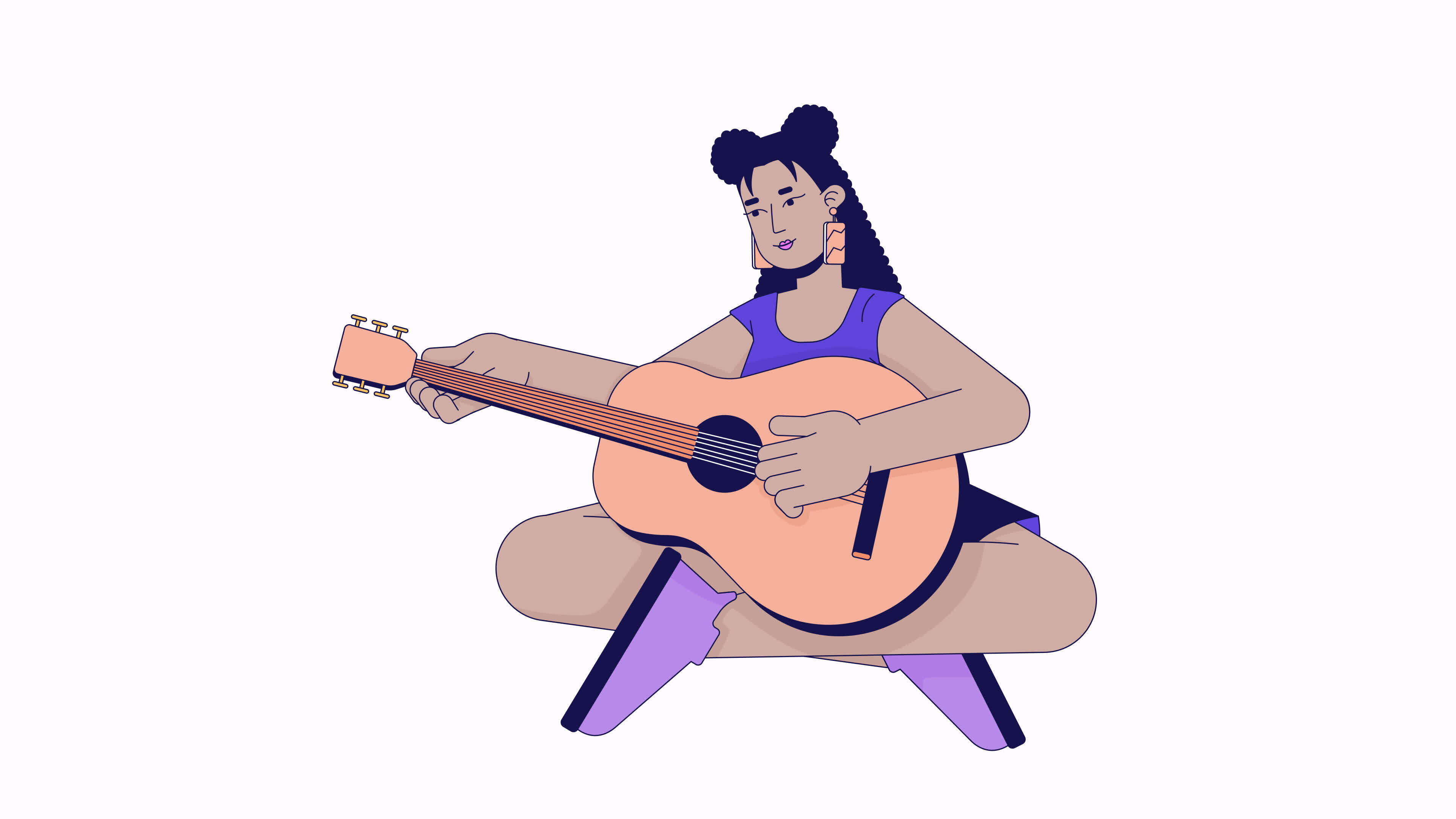 Young latina woman playing guitar line 2D character animation. Girl ... Young latina woman playing guitar line 2D character animation. Girl ...