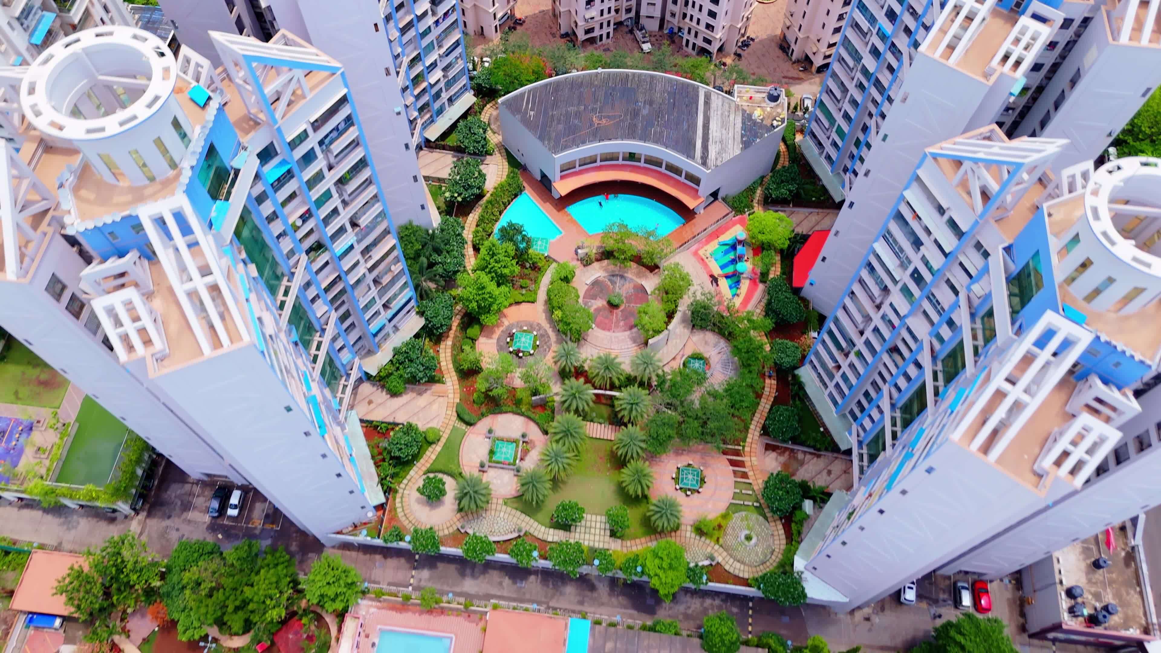 Aerial view of high rise towers move backwards 48019073 Stock Video at Vecteezy