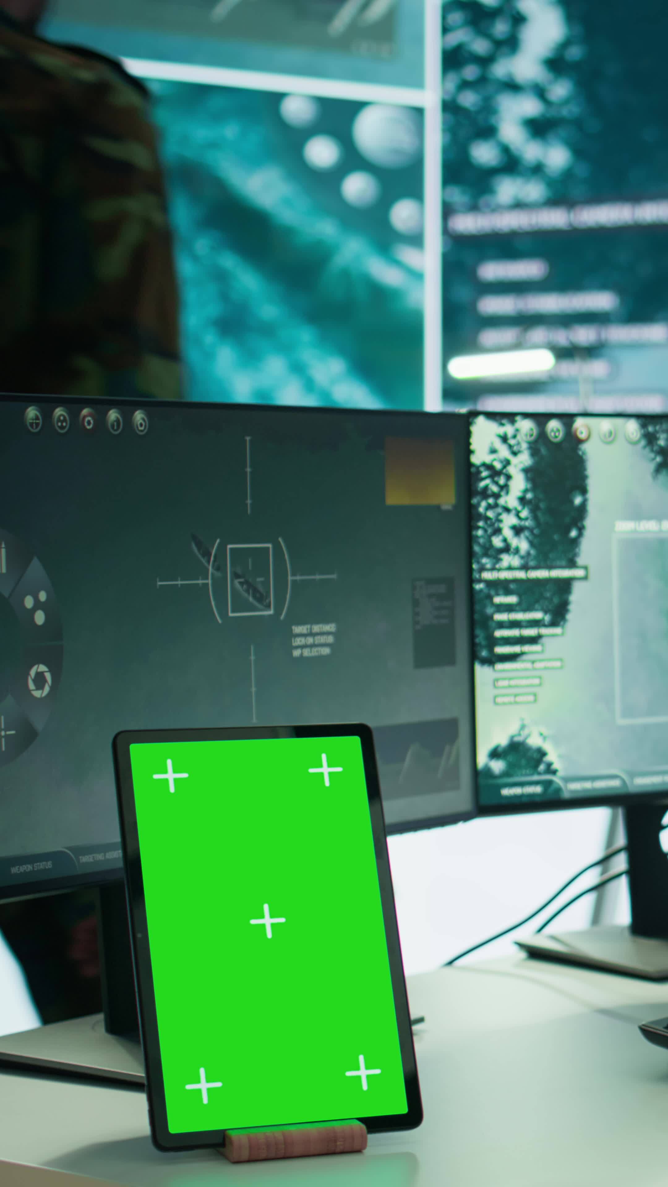 Vertical Soldier Gathering Real Time Surveillance Data Next To Mockup Display In High Tech