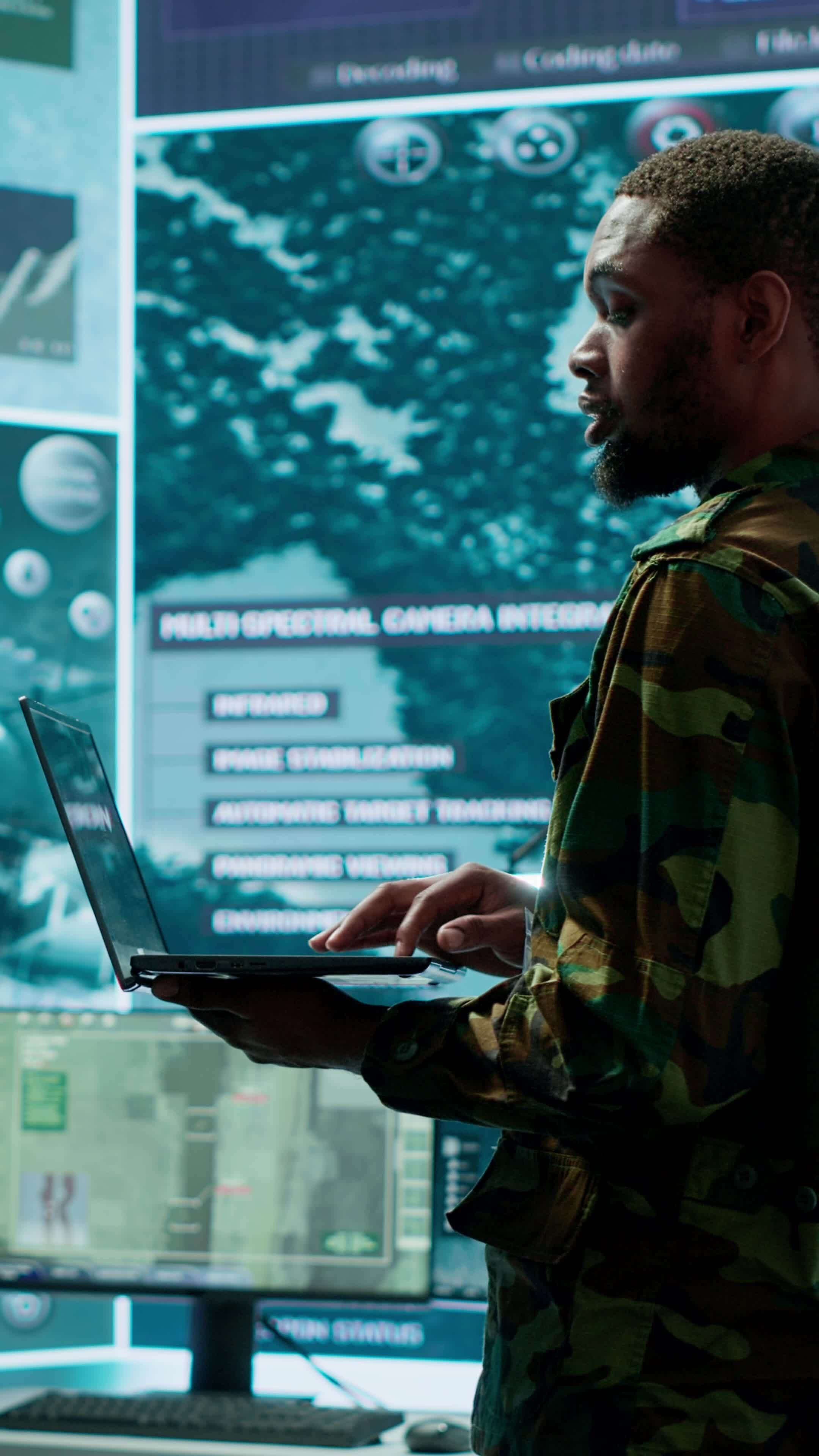 Vertical Military Officers Work In A High Tech Army Control Tower Base Managing Surveillance