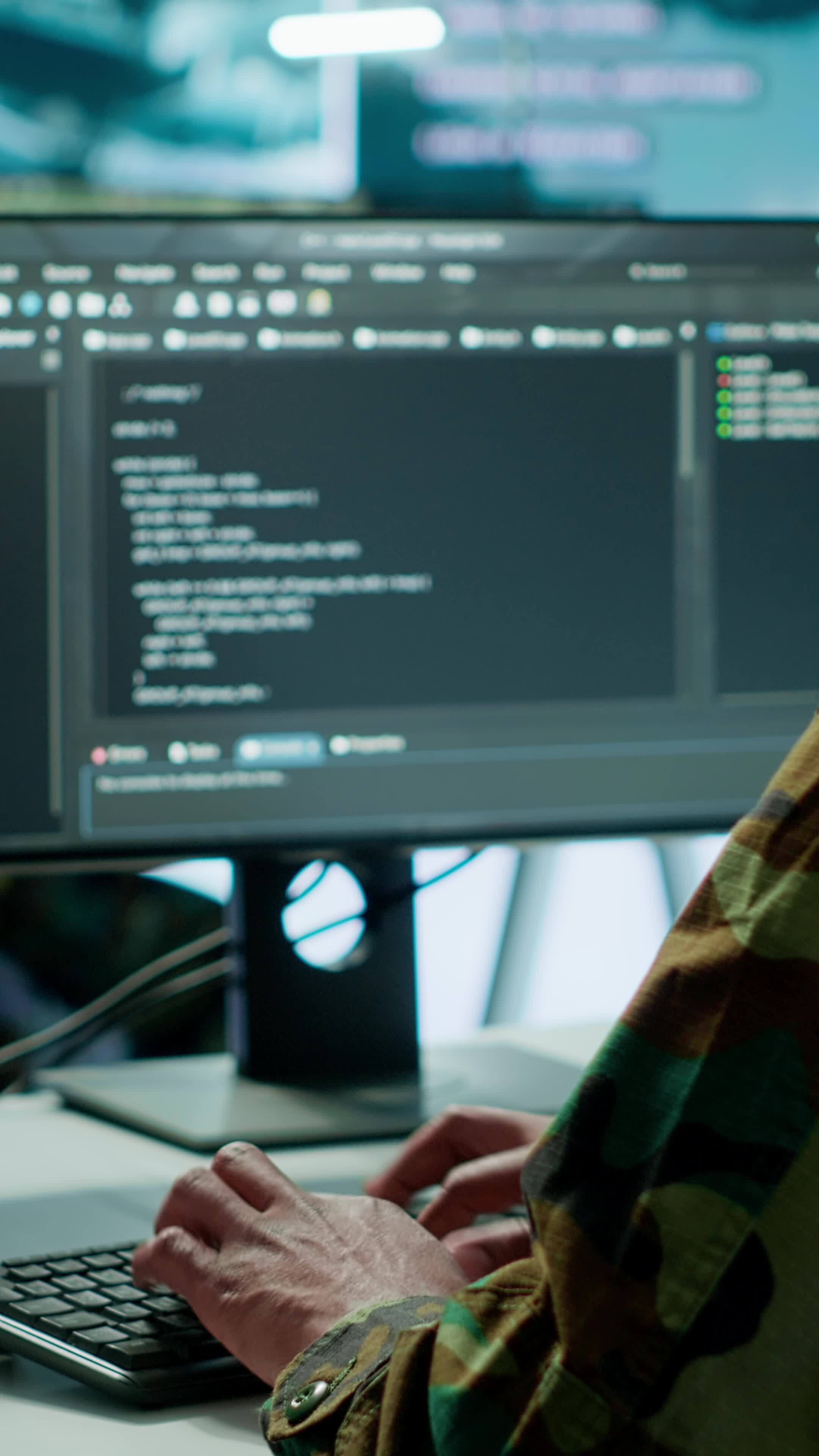 Vertical Soldier Working With Ai Intelligence On Pc In Control Room Processing Live Data On