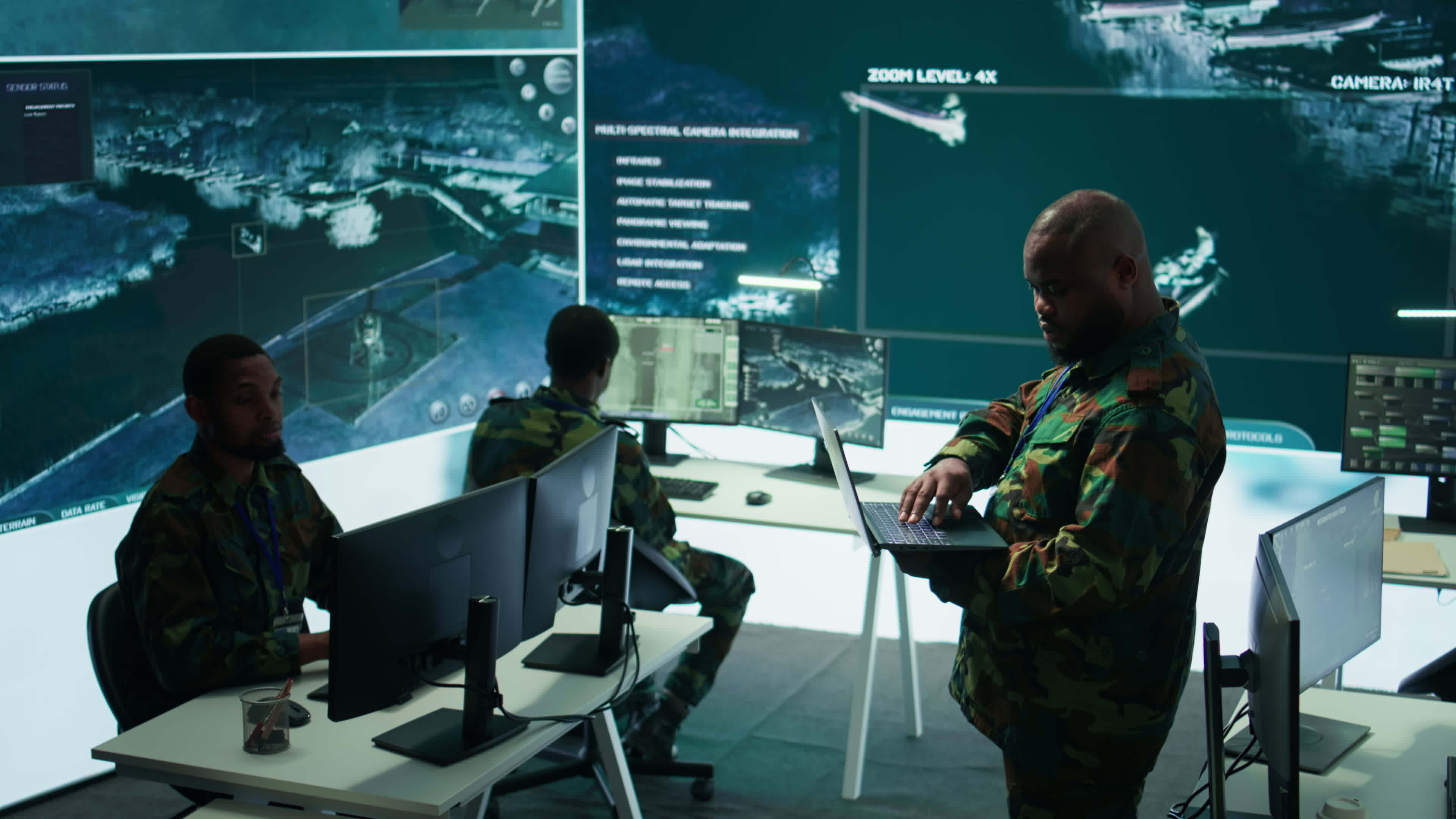 Military Specialists Work In A High Tech Command Post Center Focusing On Cybersecurity