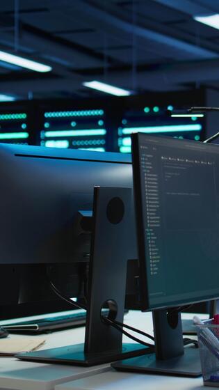 Vertical Multi Monitor Computer Setup In Data Center Used For Monitoring Security Threats