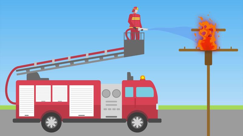 Animated Firefighters with firefighting equipment concept. Full length ...
