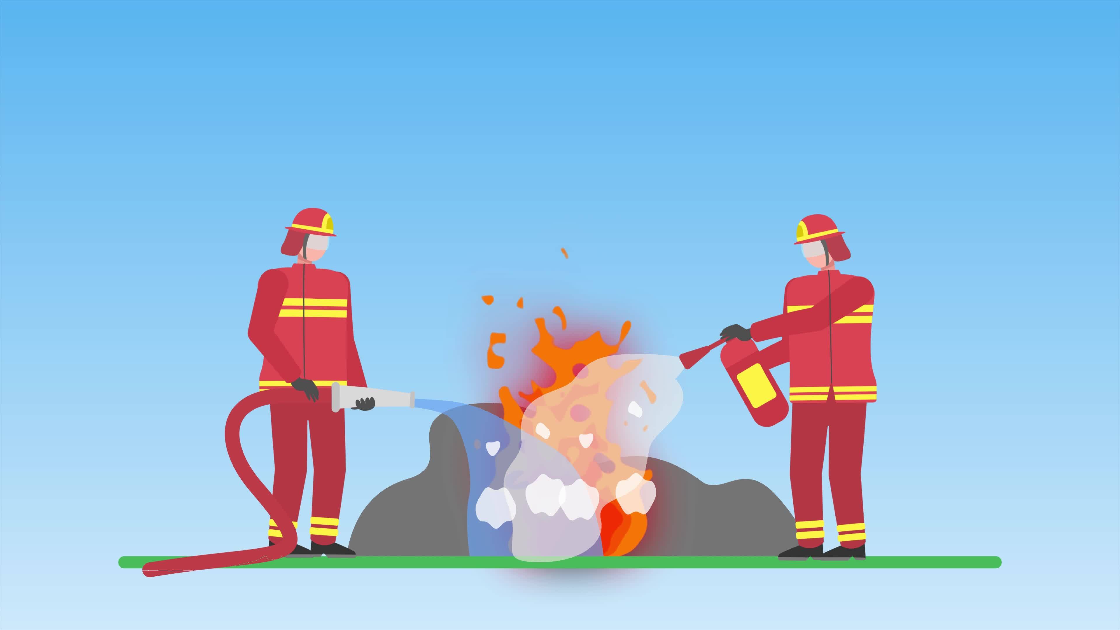 Animated Firefighters with firefighting equipment concept. Full length ...