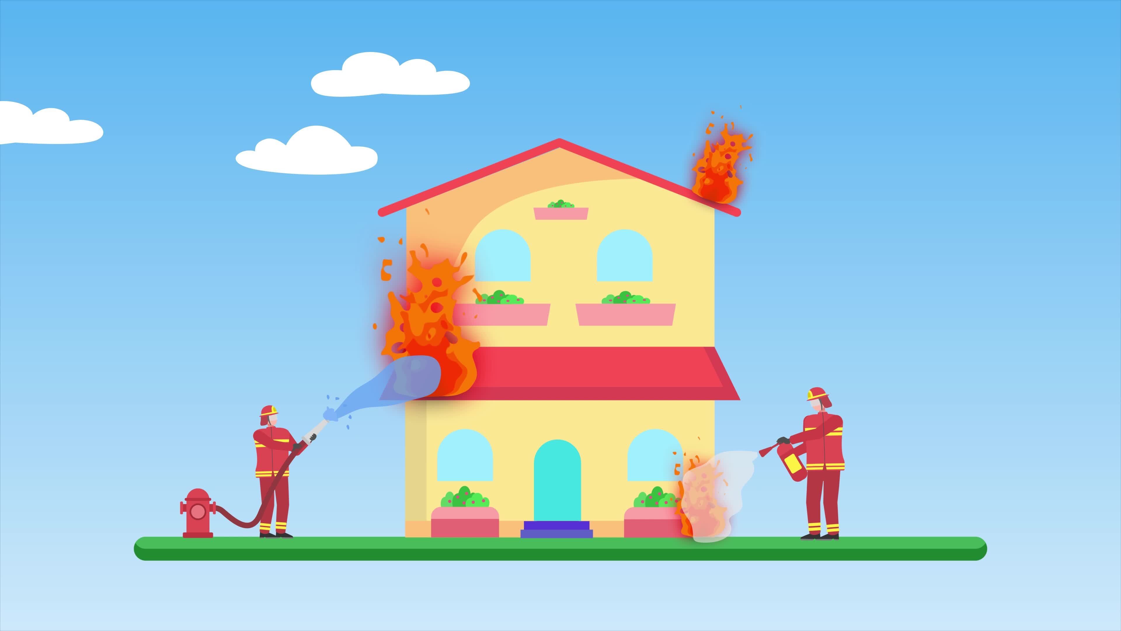 Animated Firefighters with firefighting equipment concept. Full length ...
