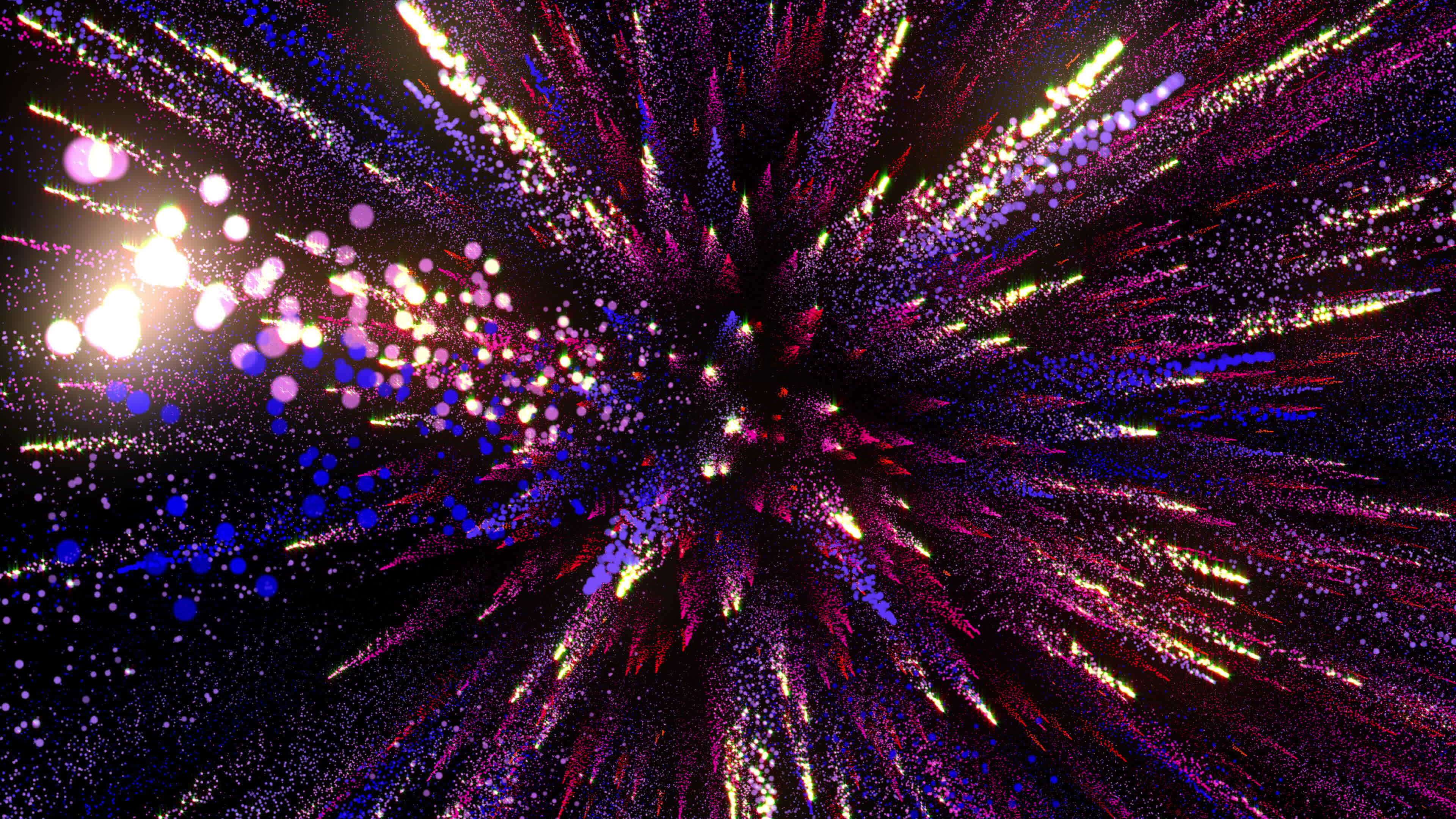 Bright multi-colored particles fill the space with jets of energy and light. Shiny colorful ...