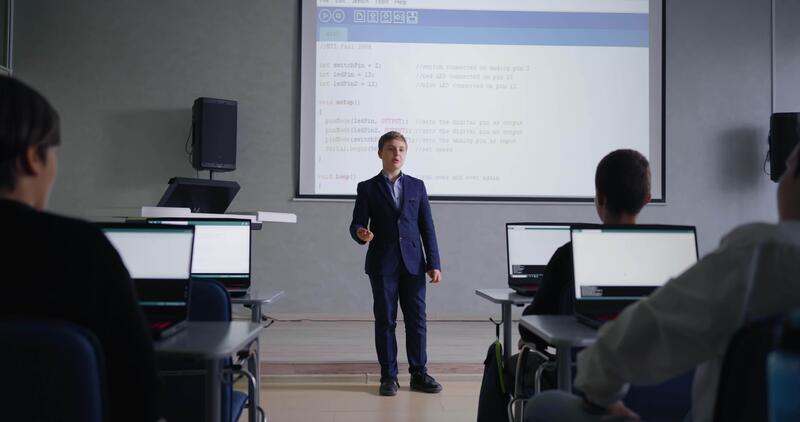 Portrait Of Teen Boy In Classroom, Schoolboy Presenting His Project In Programming Courses ...