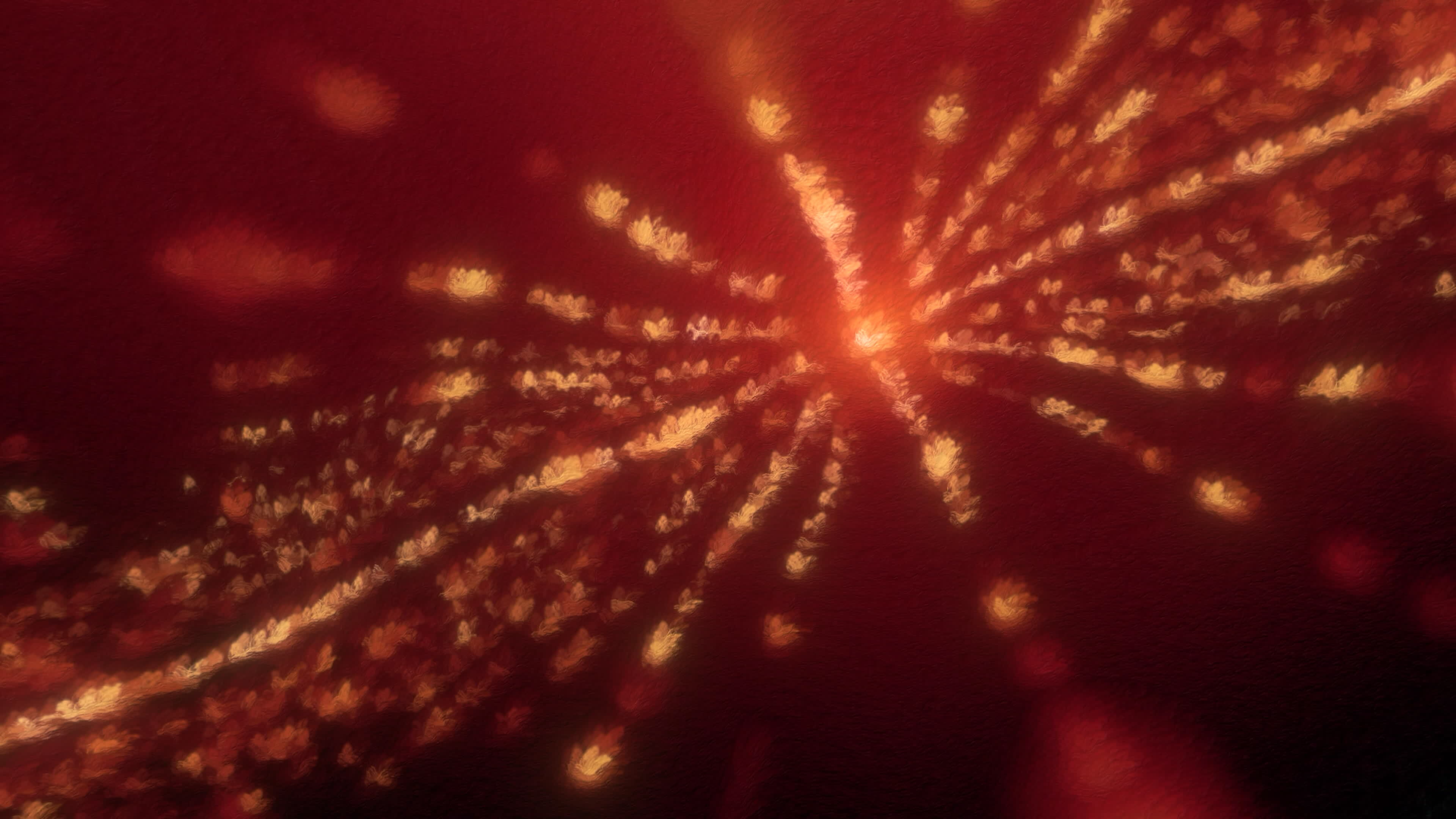 Abstract particles background with long rays on a red background. Motion. Moving particles ...
