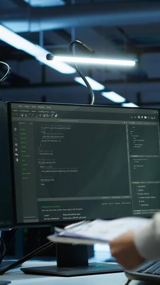 Vertical Engineer in data center installing software on computer, helping maintain network ...