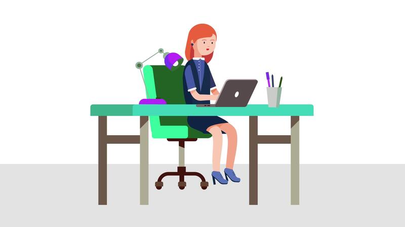Woman sitting desk with a computer woman Working at Office Animation ...