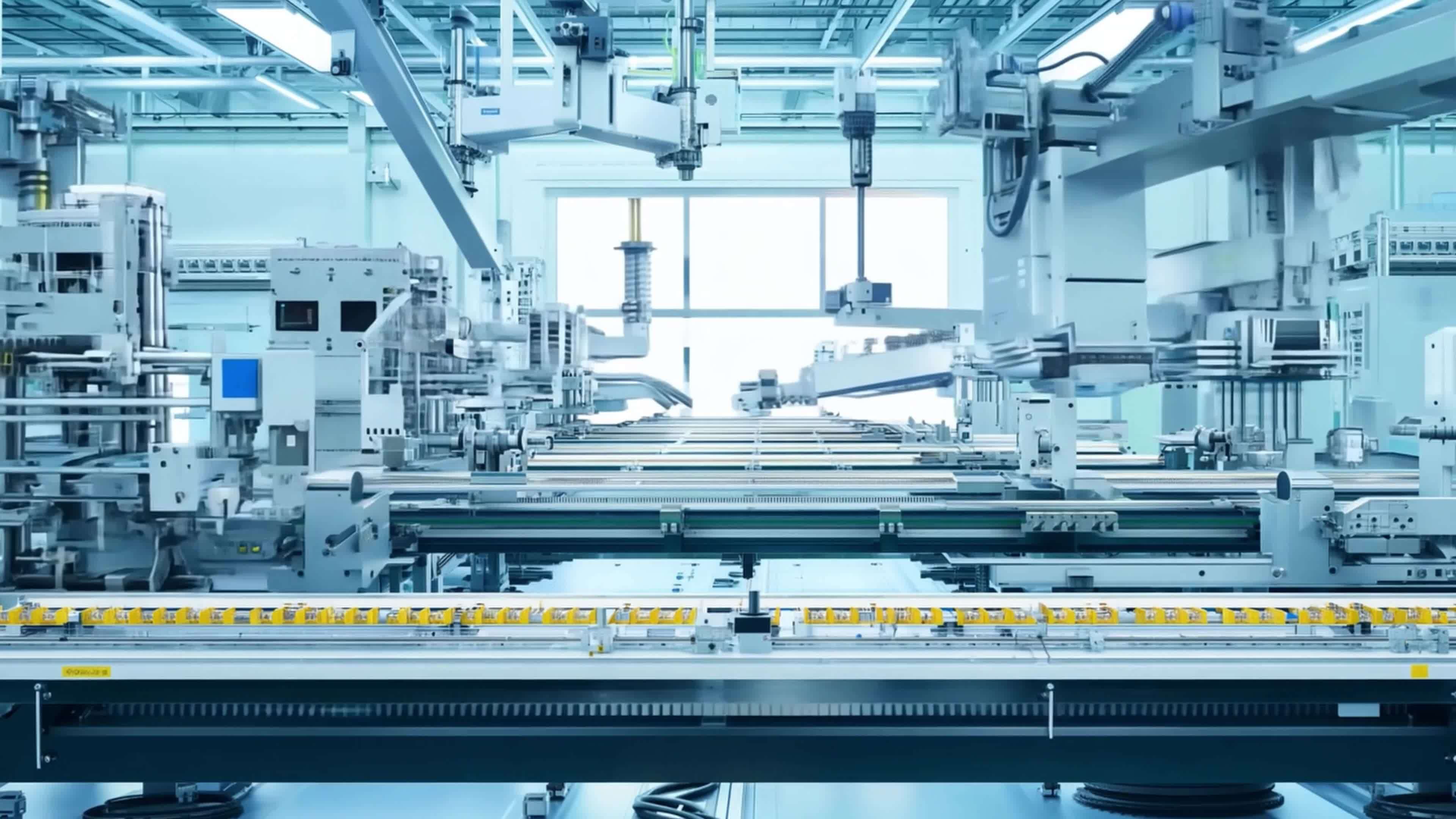 Animated Factory Floor With Automated Robots For Product Assembly Using