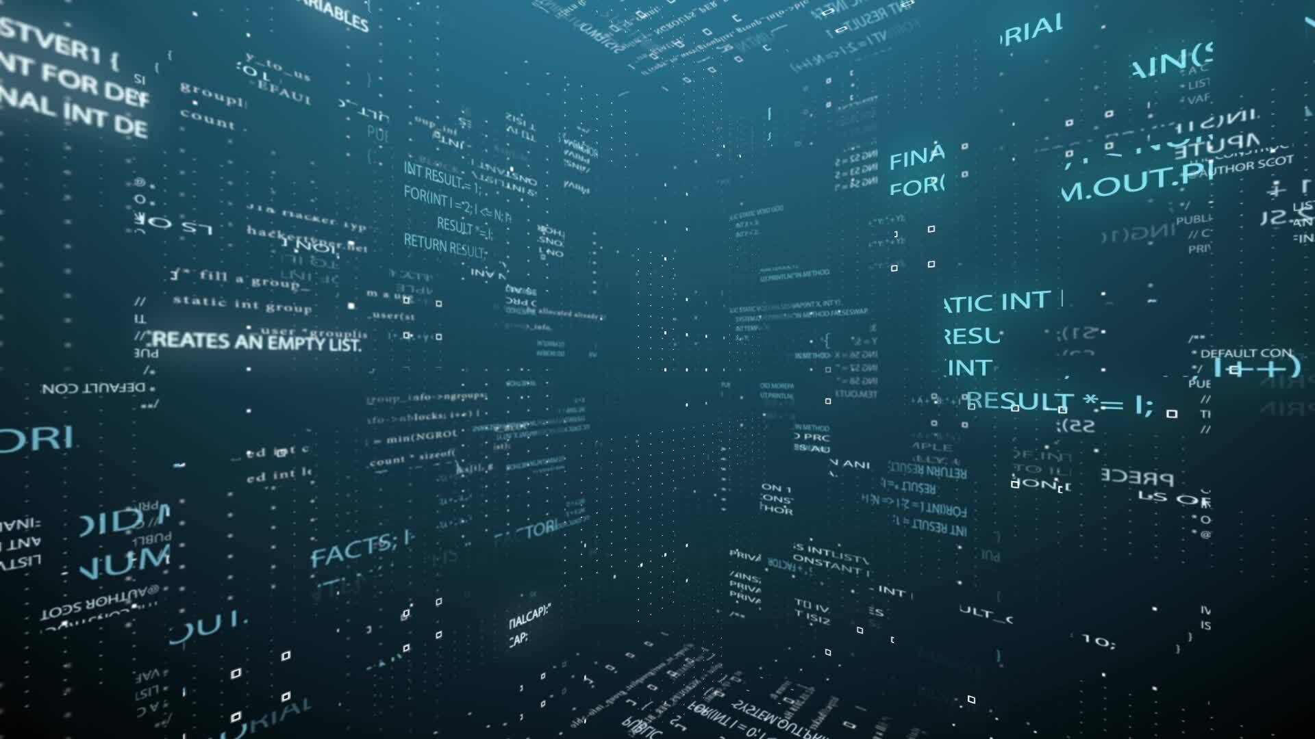 The camera moves in parts of the source code and information particles ...