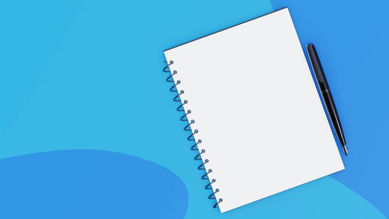 blank plain white notebook with animated moving black pen on blue ...