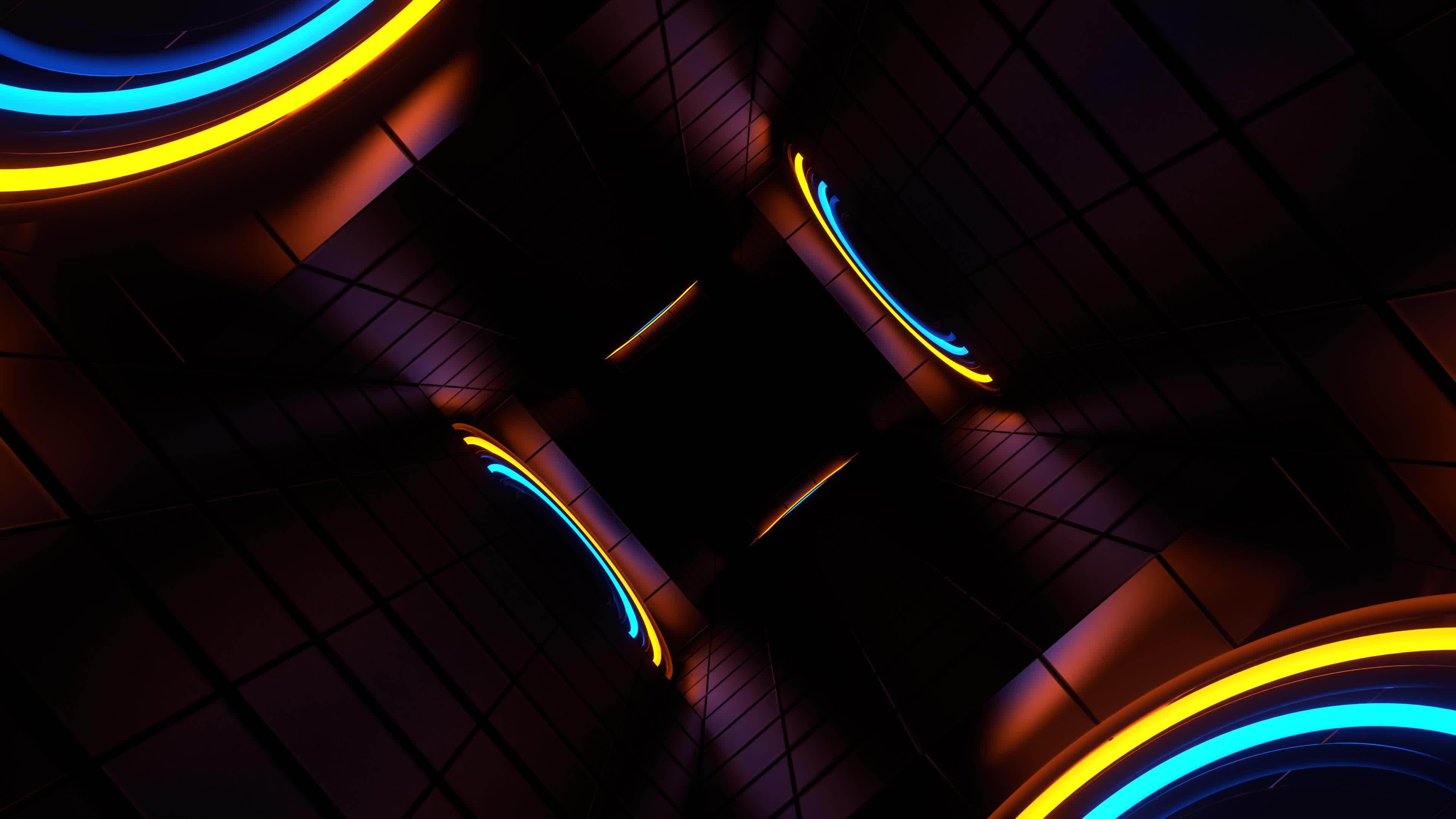 Orange And Blue Neon Rings Rotation Tunnel Background Vj Loop In 4k