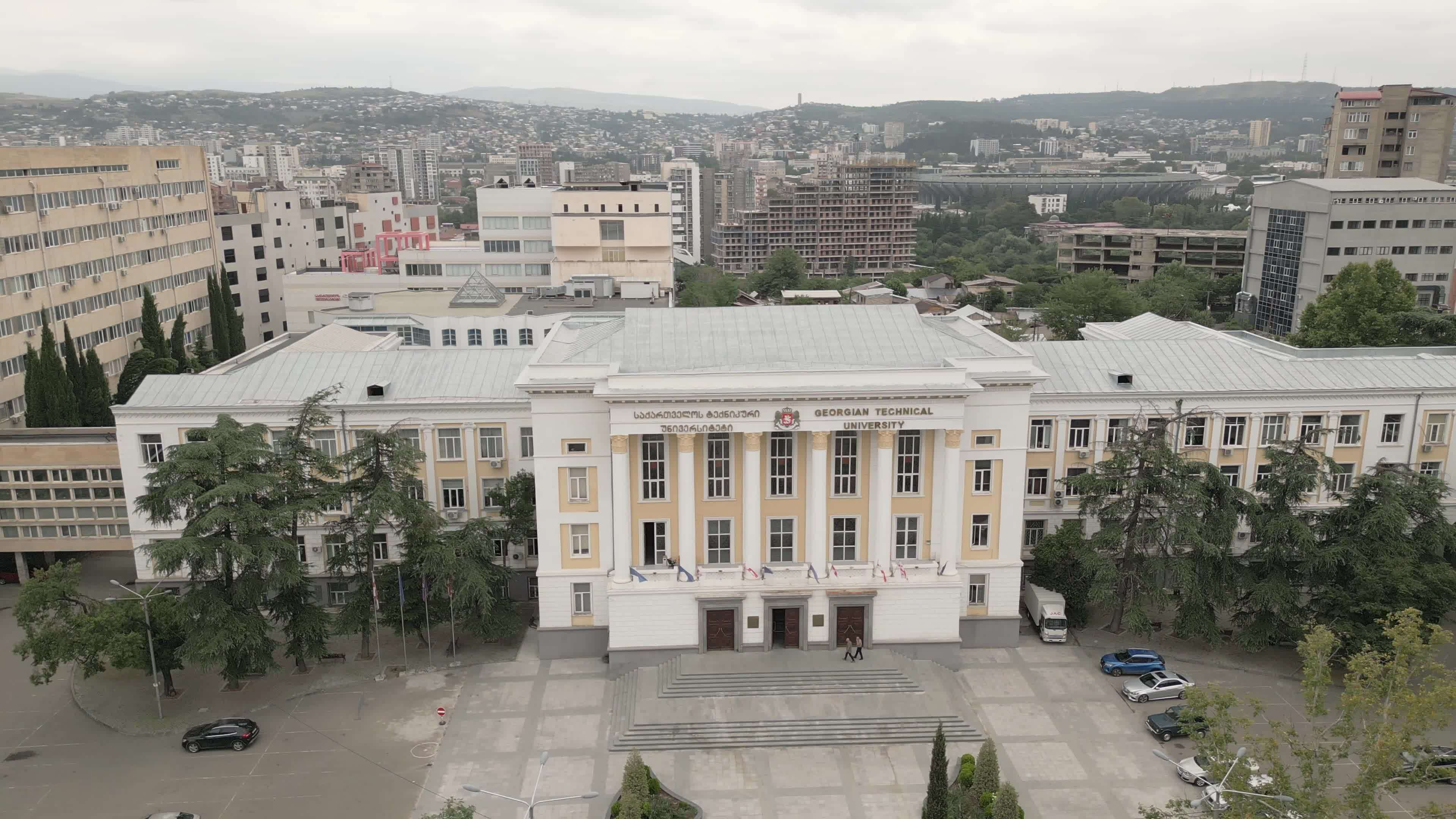 Tbilisi Georgia 9th August 2024 Aerial Panning View Georgian Technical University Building