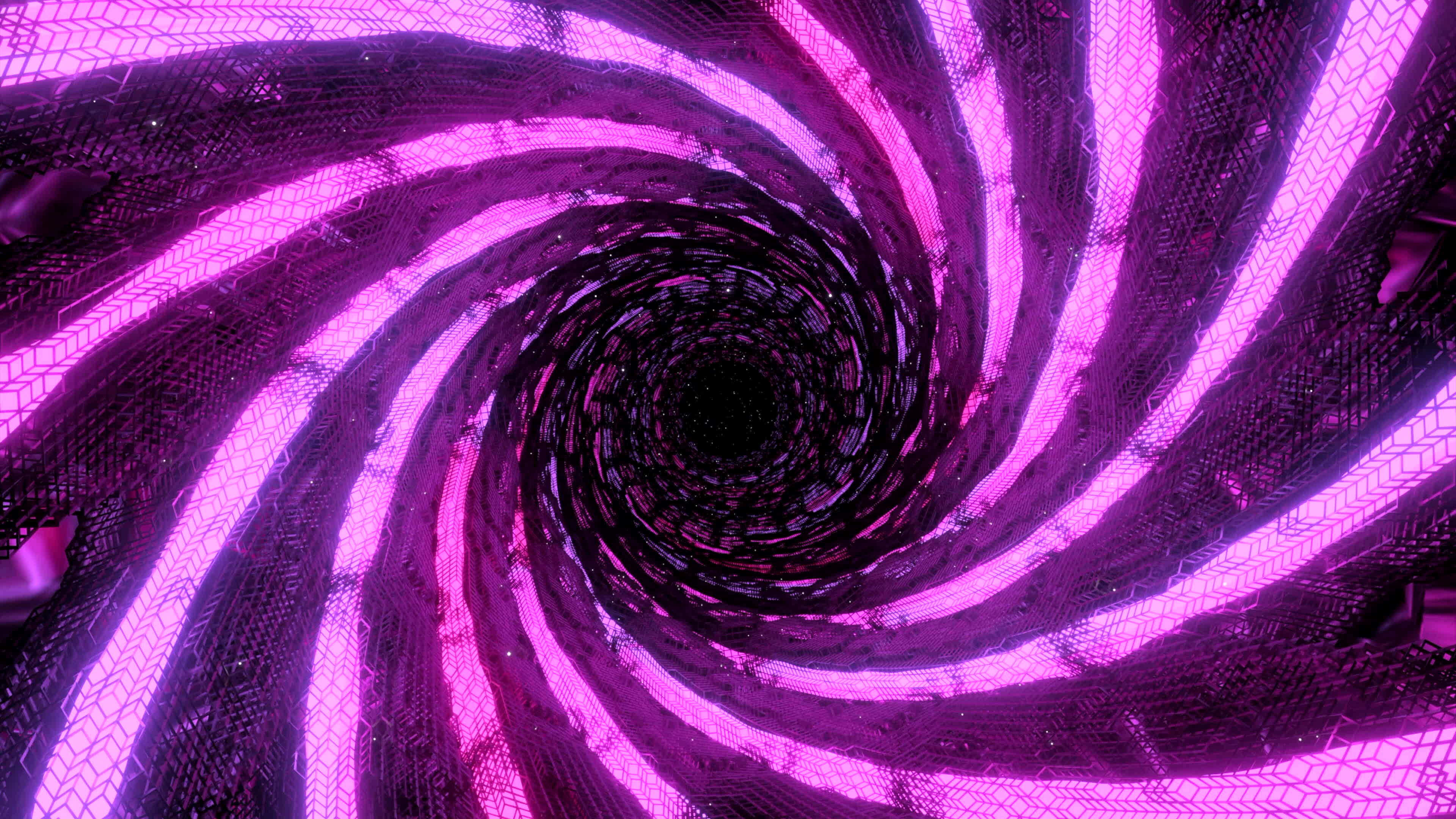 Rotating cyber tunnel with neon lines. Design. Rotating spiral of neon lines in tunnel. Movement ...