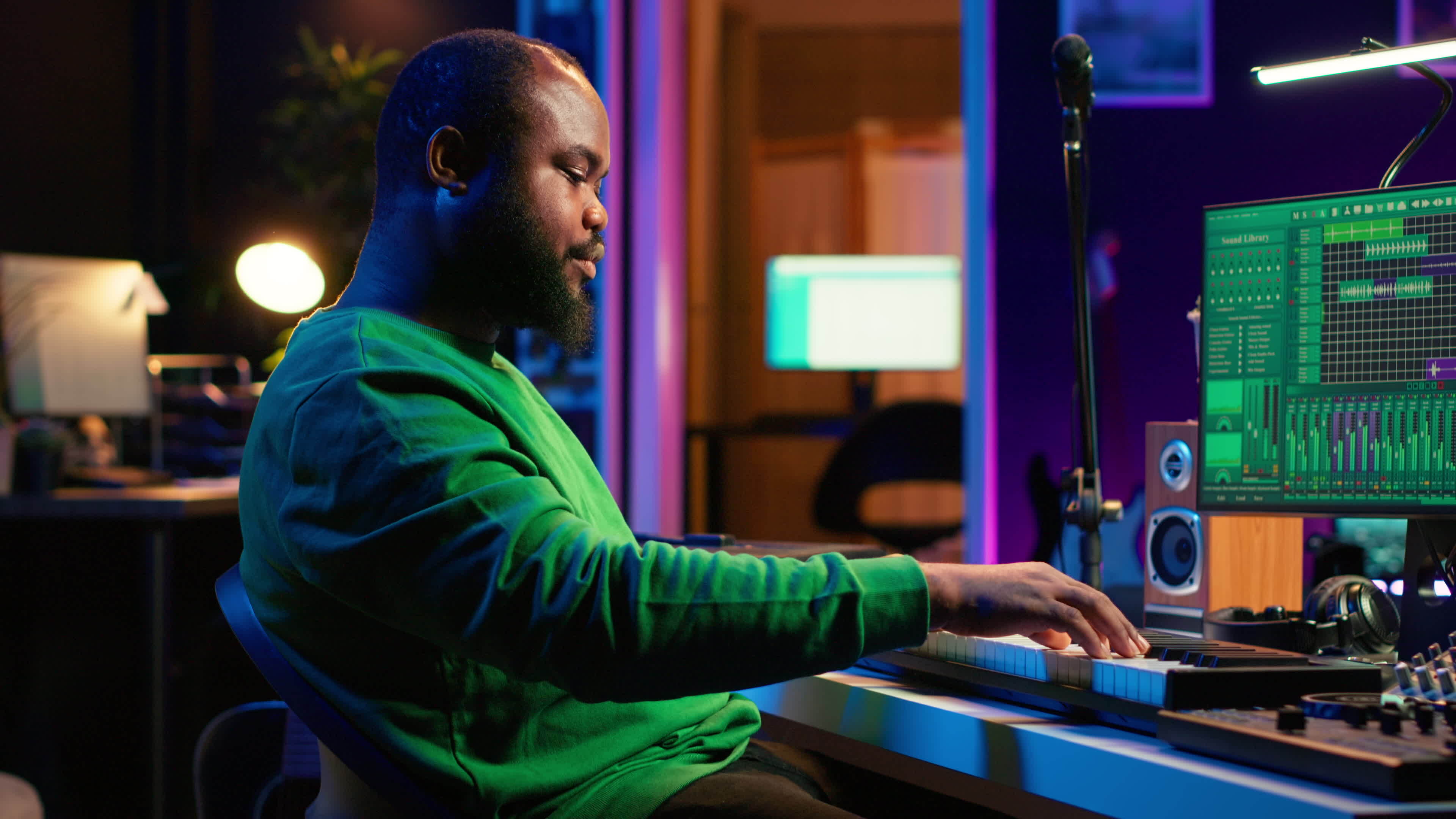 Modern producer playing piano keys to record new soundtrack, trying to ... Modern producer playing piano keys to record new soundtrack, trying to ...