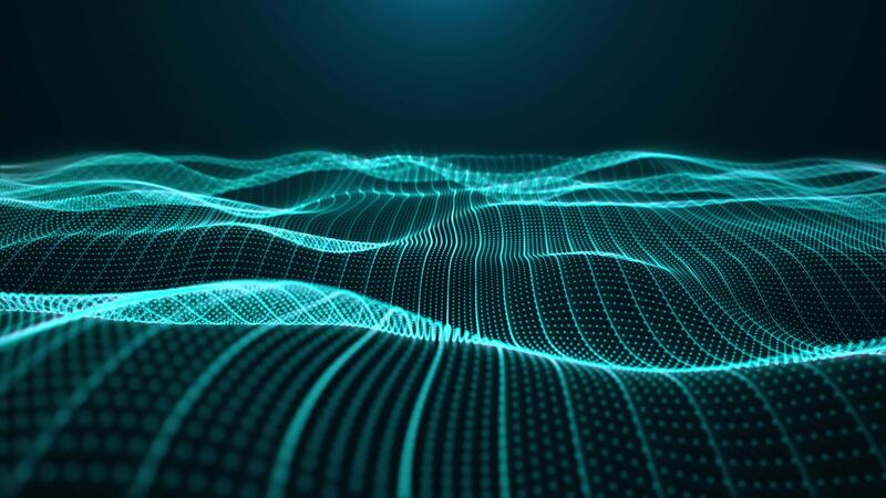 Light blue waves background with flowing field of bright particles and lines with glow effect ...