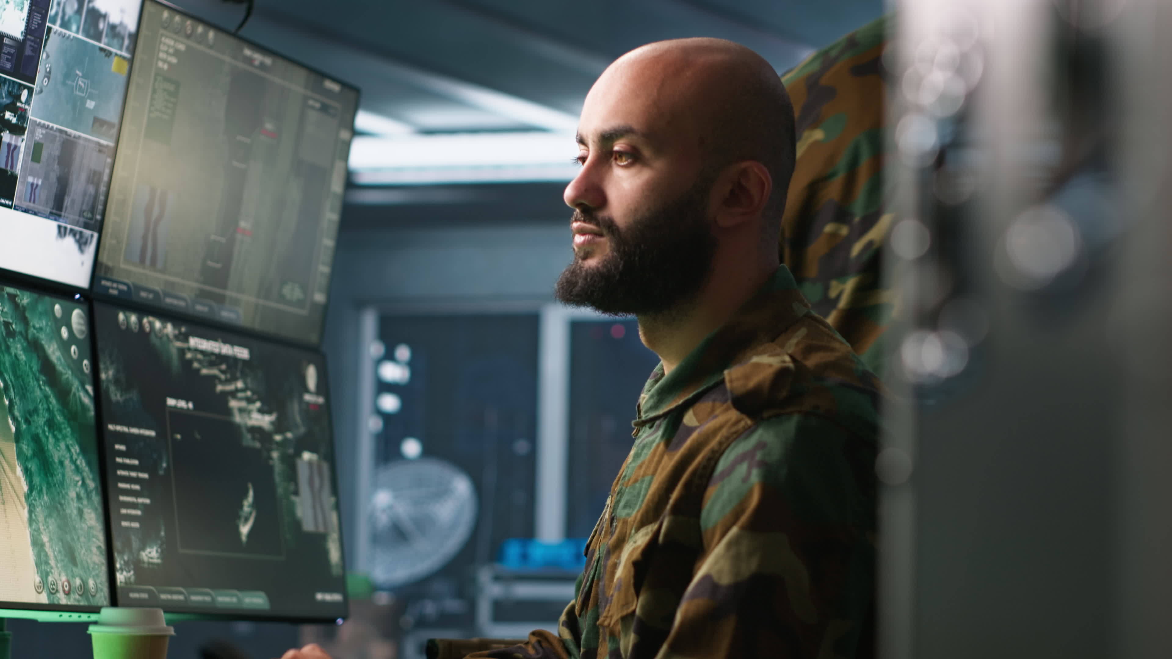 Military Agent Working In Control Room Analyzing Aerial Reconnaissance Data Intelligence Corps