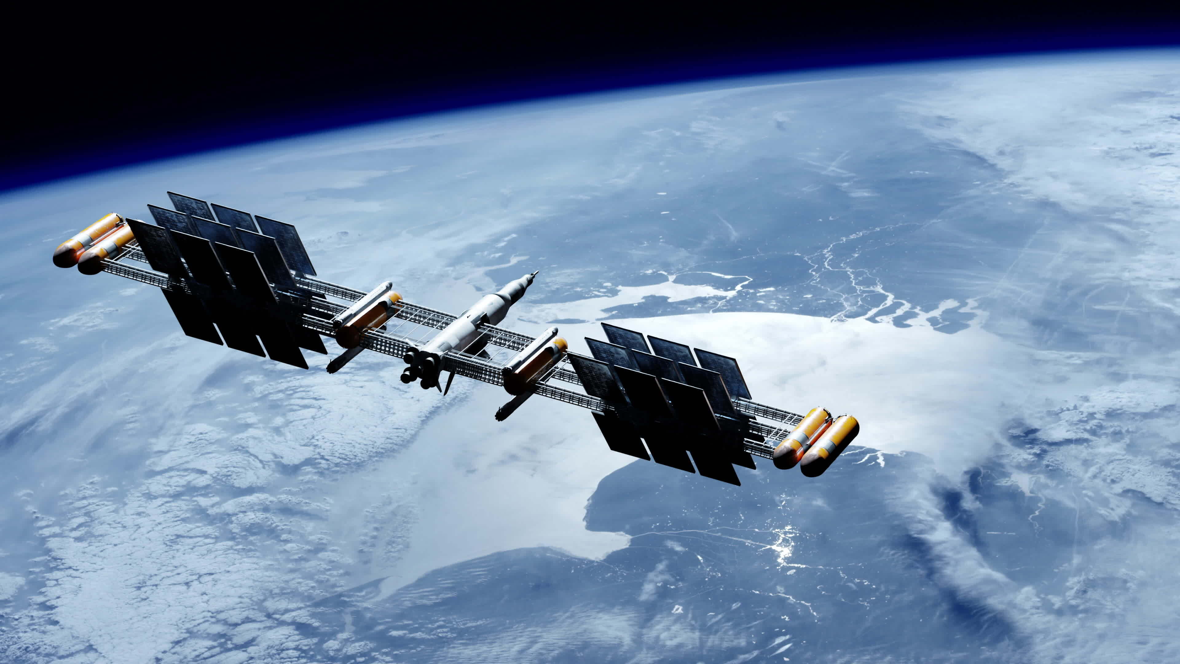 Spacecraft Deploying Solar Panels Using Modern Space Technology During The Night Orbiting