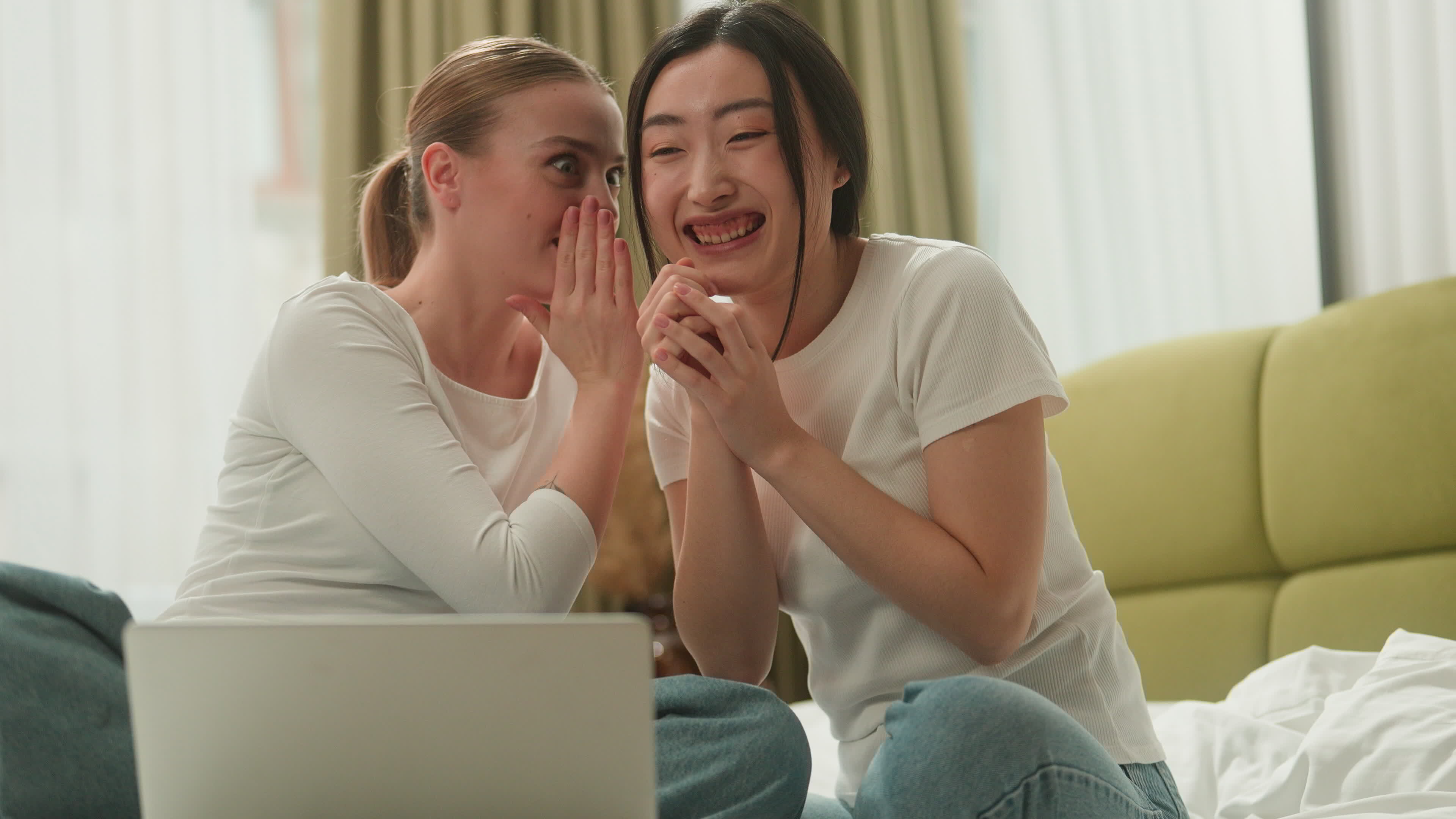 Multiracial friends women Caucasian woman whisper secret talk secrecy information gossip Asian ...