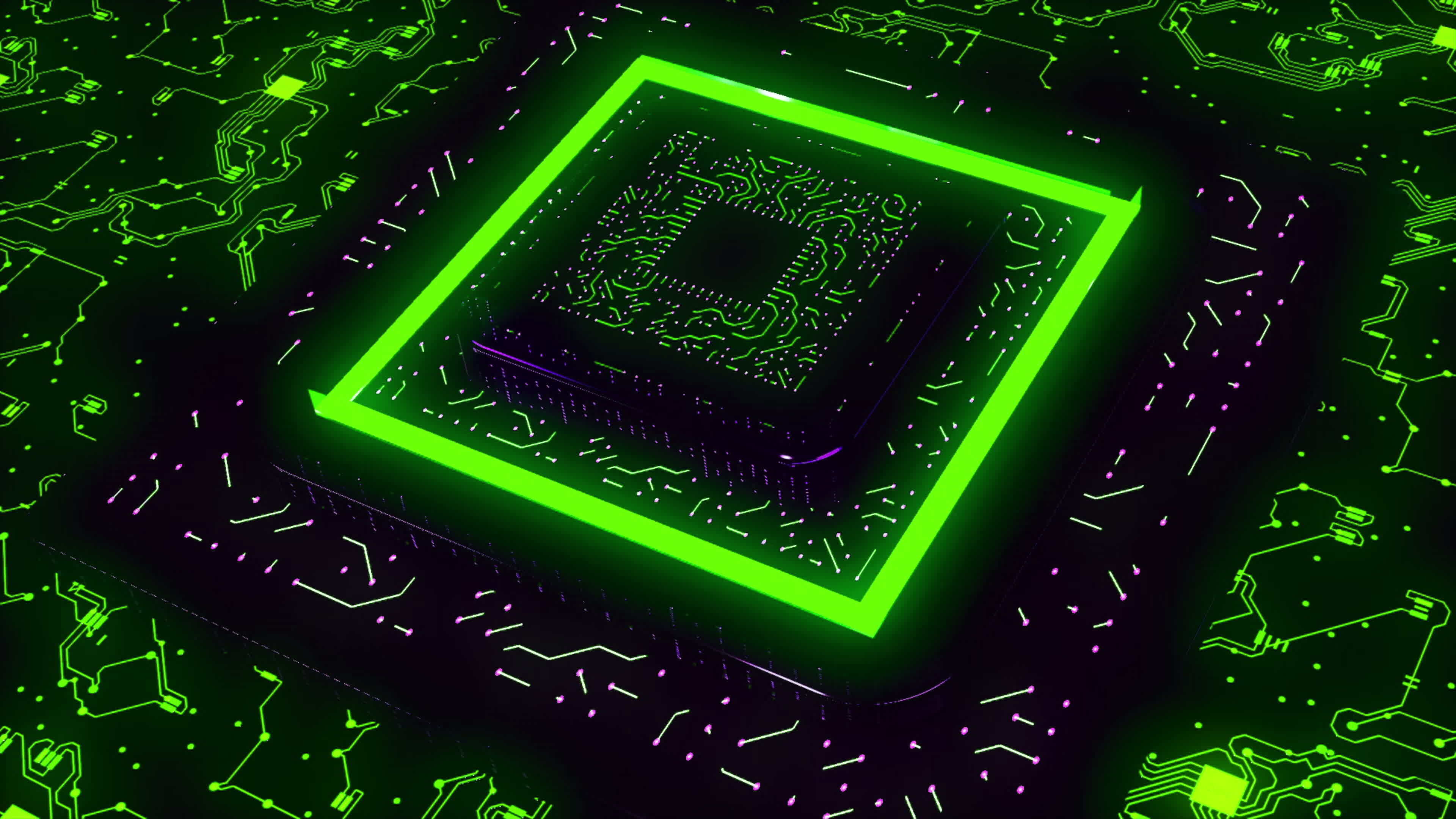 Animation With Large 3d Computer Chip Motion Neon Computer Chip With Connection Lines Pyramid