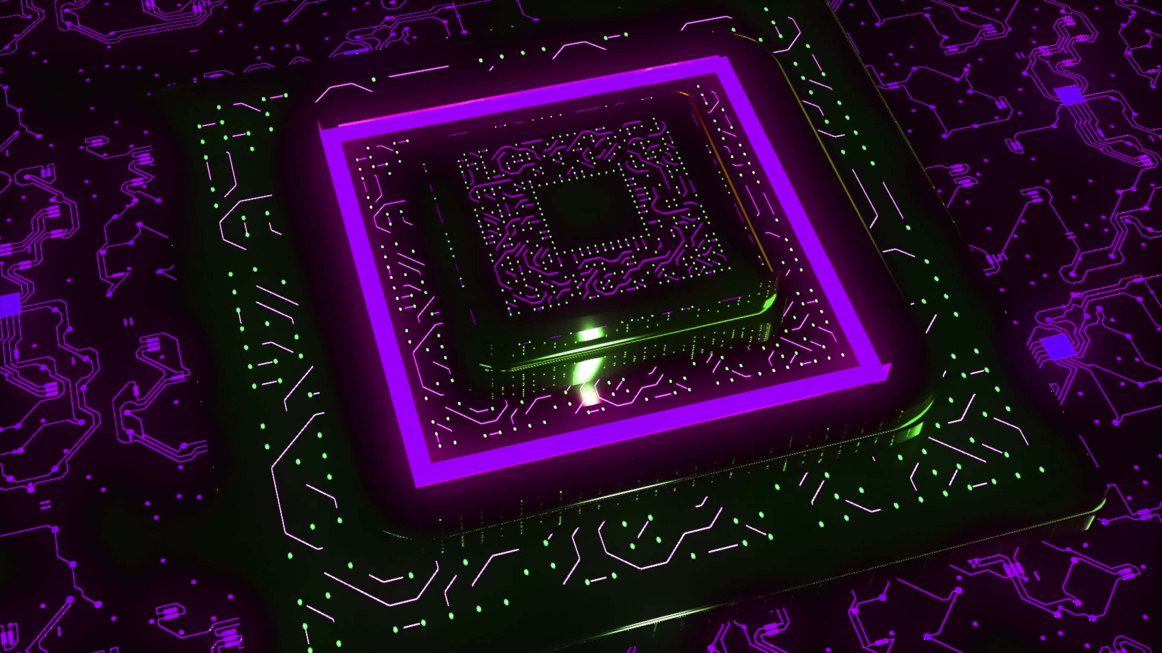 animación con grande 3d computadora chip. movimiento. neón computadora chip con conexión líneas ...