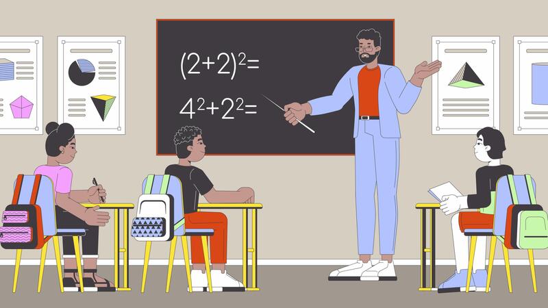 Math teacher teaching schoolchildren cartoon animation. Mathematics 4K motion graphic. African ...