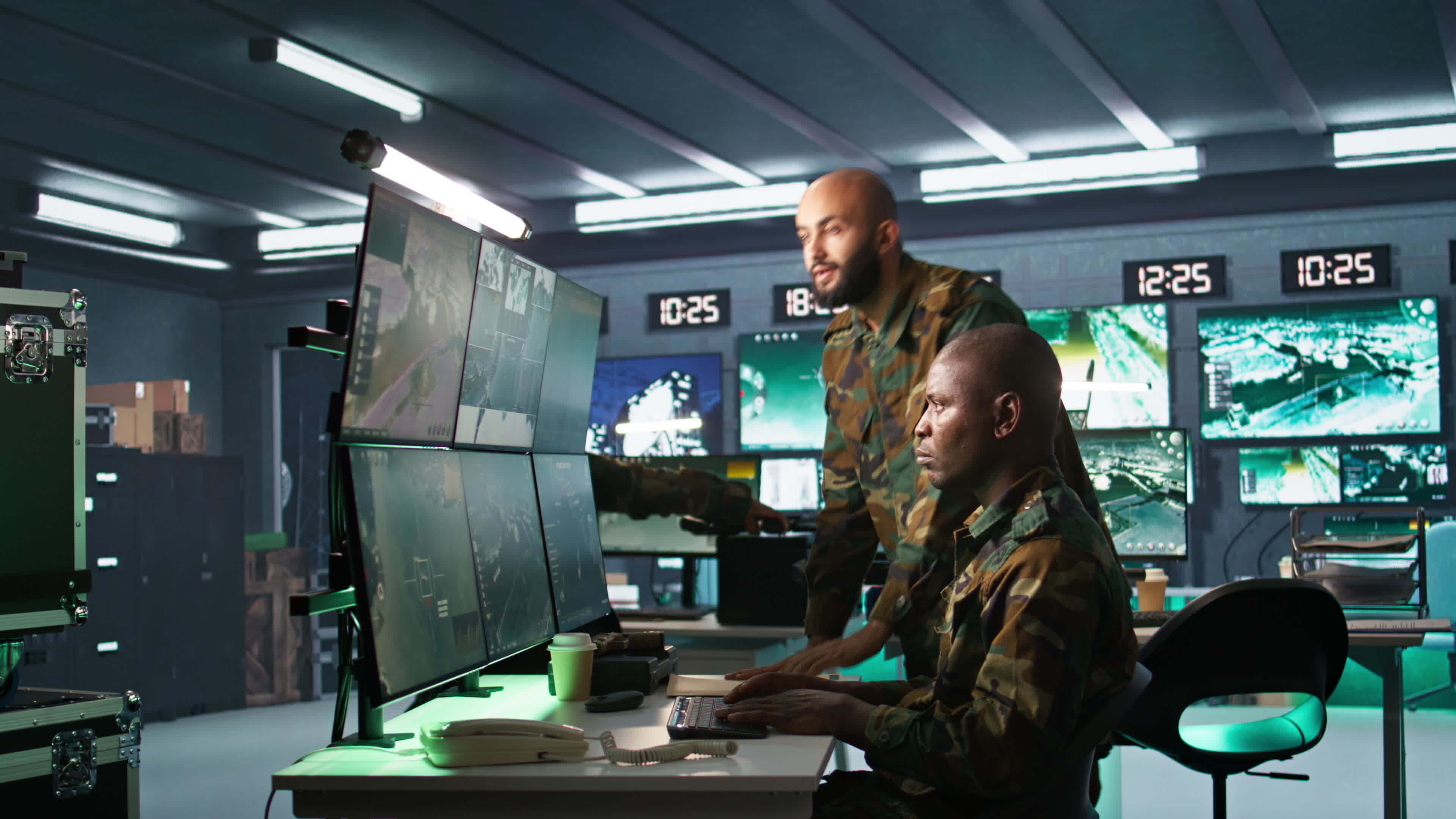 Team of army telecommunications operators using radio and satellite gear, cooperating to provide ...