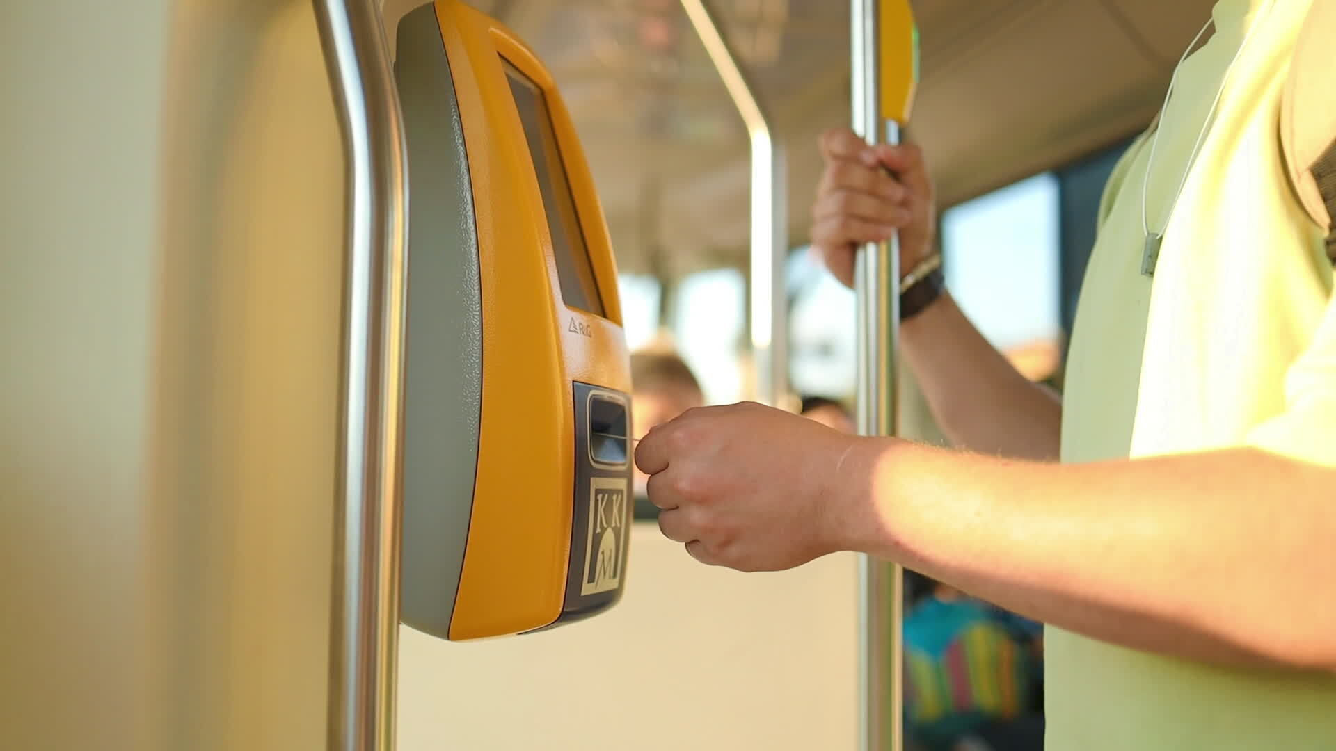Easy payment for transportation. Man hand passenger taking ticket in ...