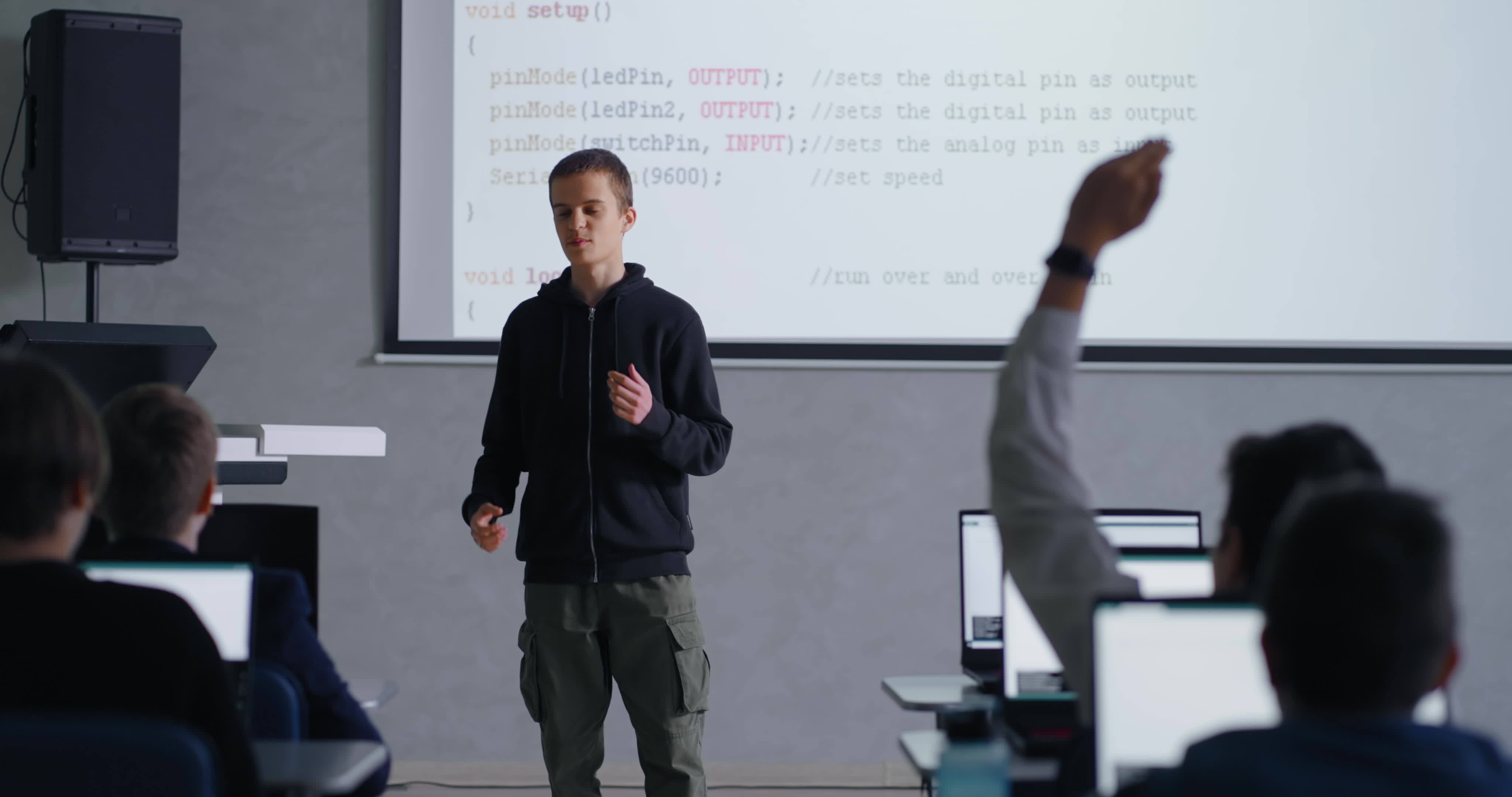 Classes Of Computer Science, Portrait Of Boy Speaking In Front Of ...