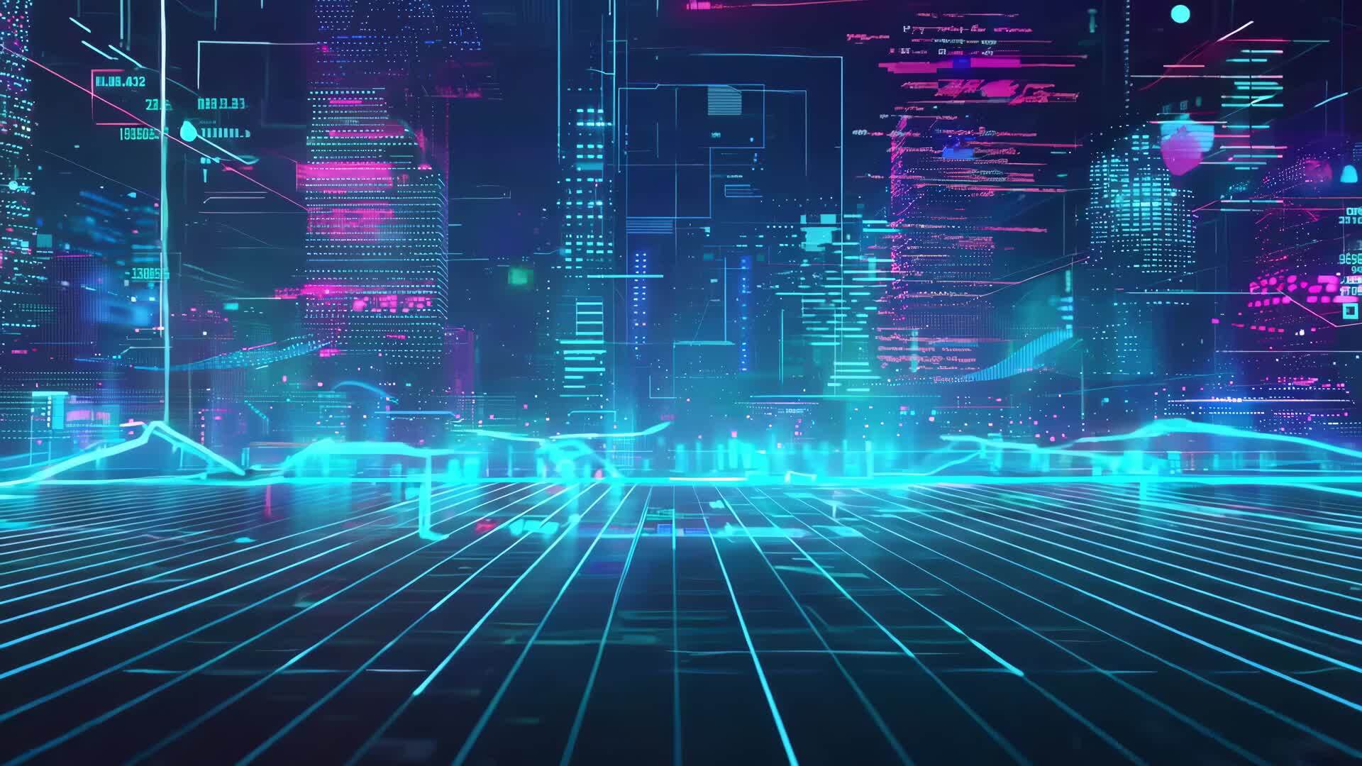 Futuristic digital skyline with neon lights and abstract data ...