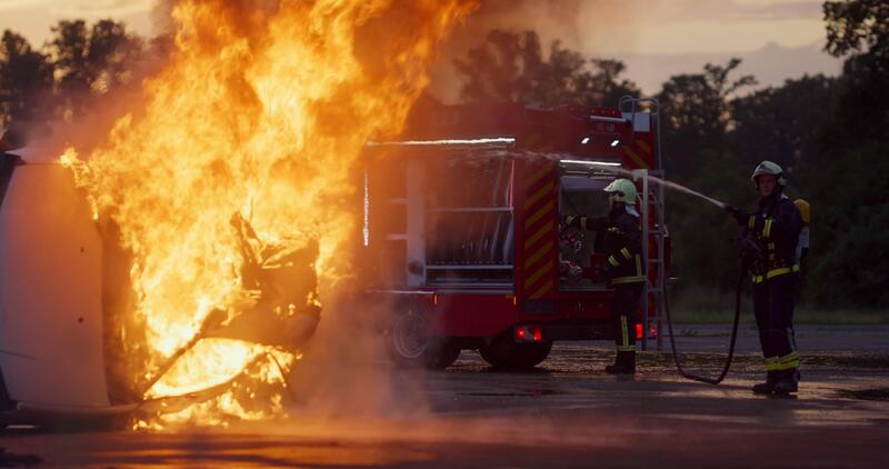 Firefighters fight the fire flame to control fire not to spreading out ...