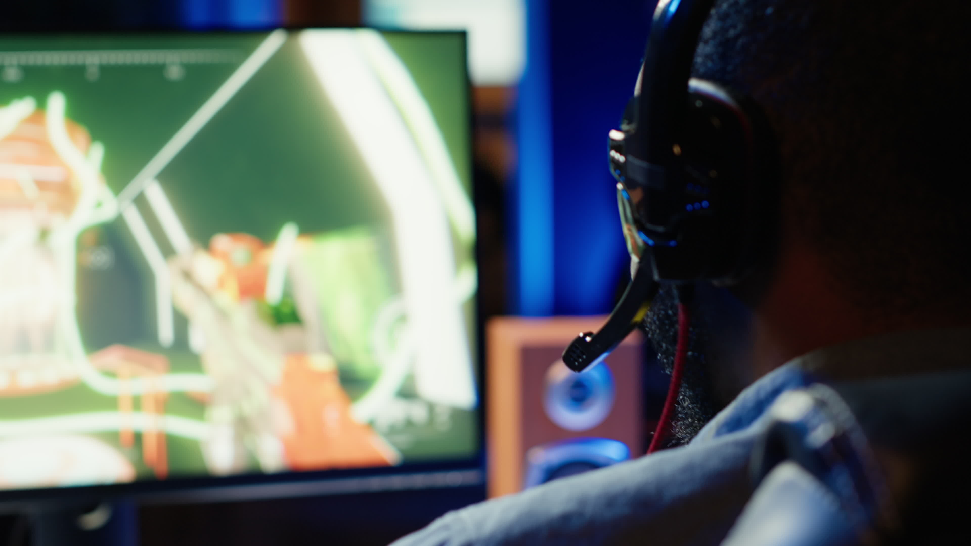 Man Using Headset To Play Sf Fps Videogame Having Fun In Dark