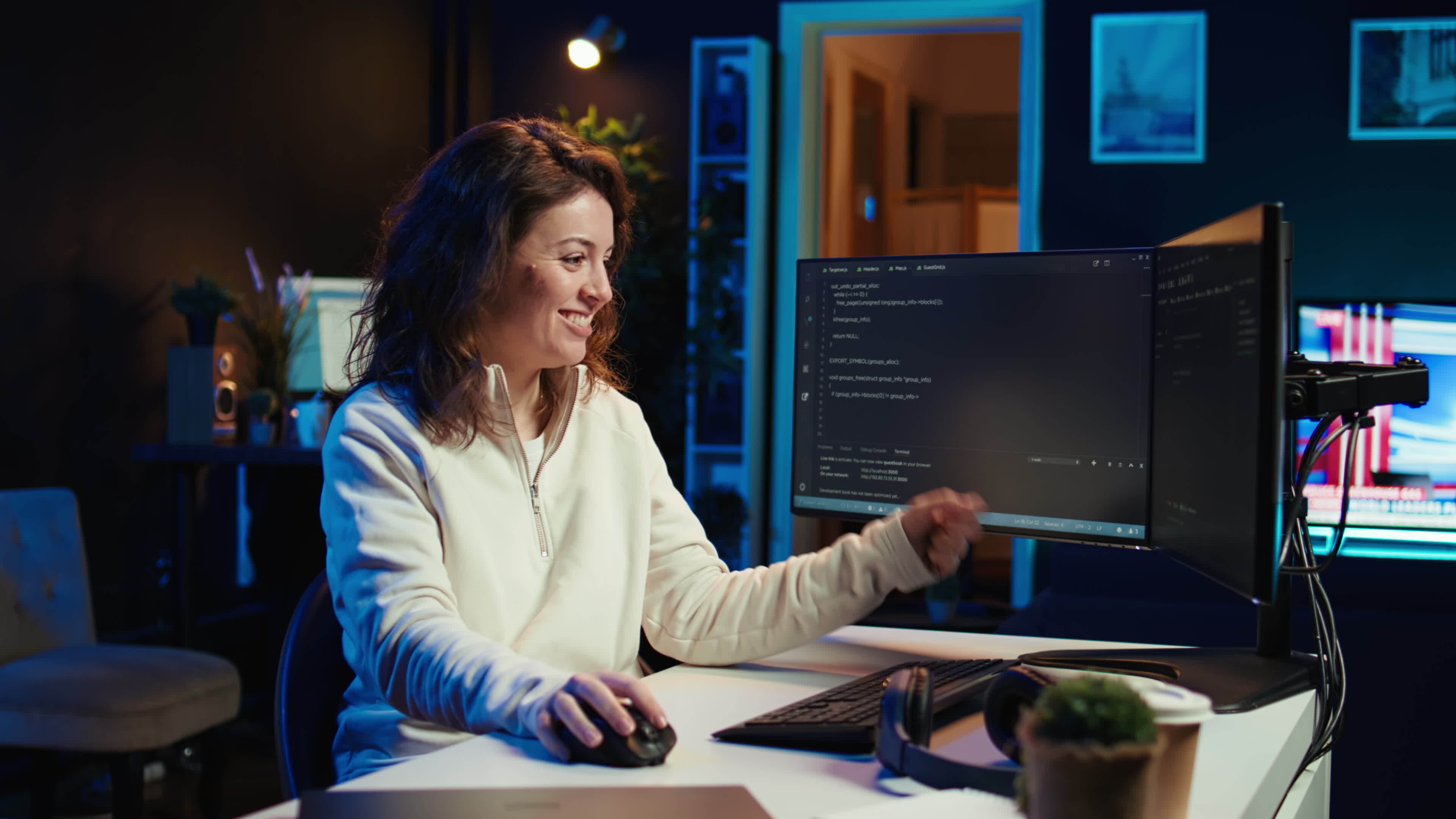 Joyous Woman Doing Software Quality Assurance Celebrating After Reading Source Code And Finding
