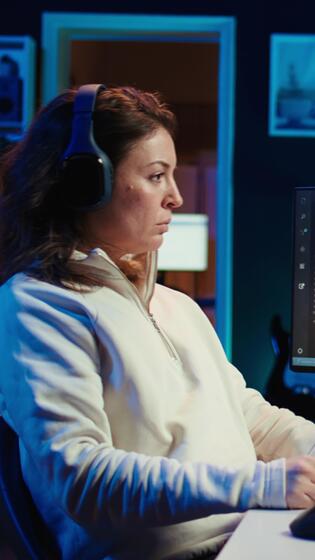 Vertical Woman Listening Music While Doing Software Quality Assurance Reading Source Code On