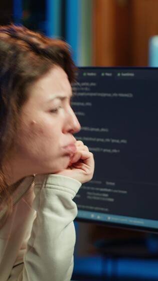 Vertical Cybersecurity specialist looking confused at computer screen while trying to fix broken ...