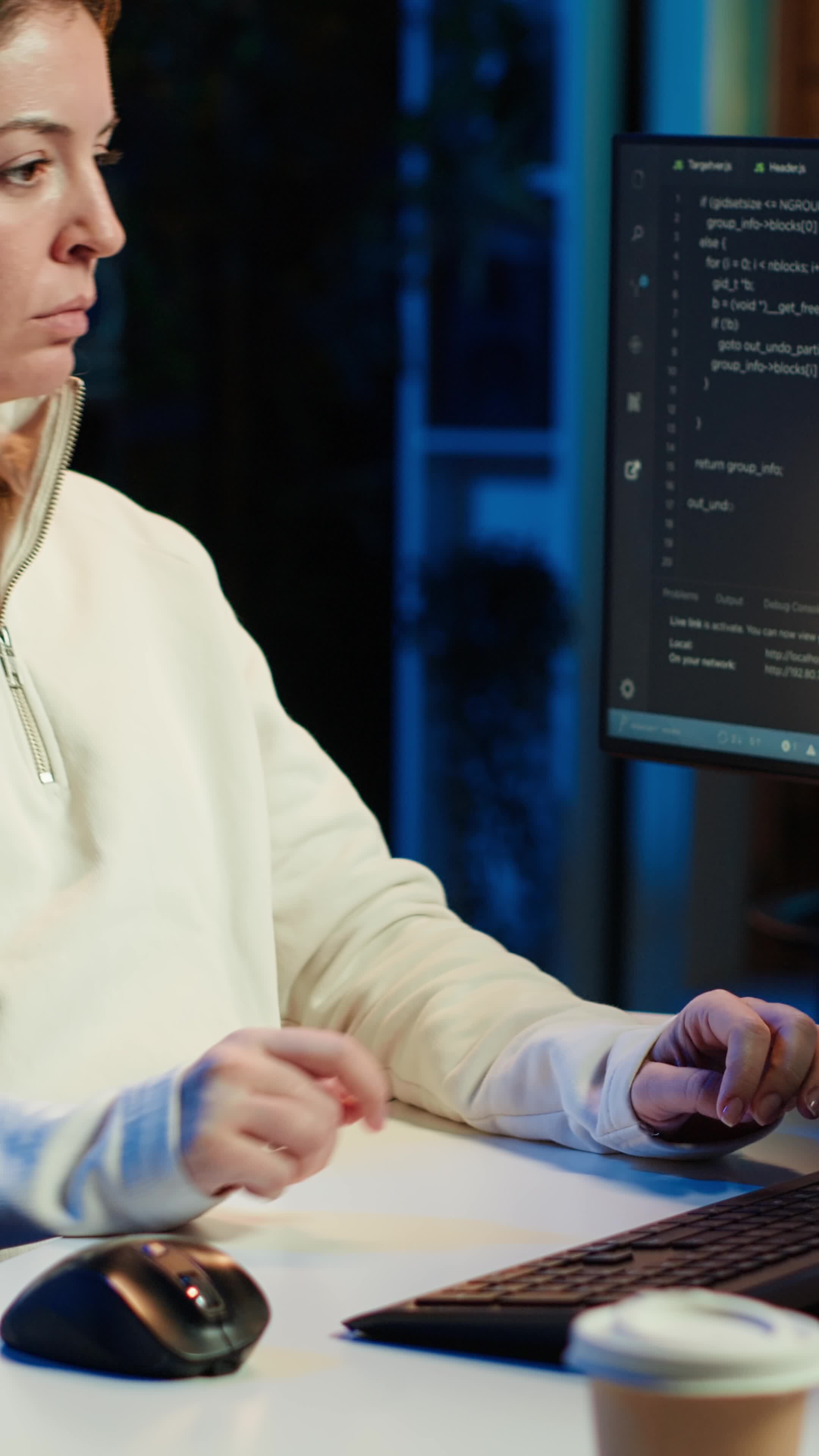 Vertical Woman Listening Music While Doing Software Quality Assurance Reading Source Code On