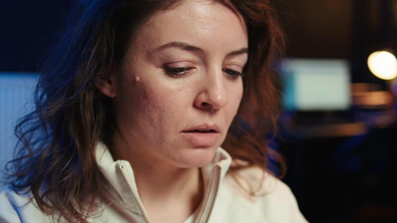 IT expert focused on looking for company security vulnerabilities and injected malware, close up ...